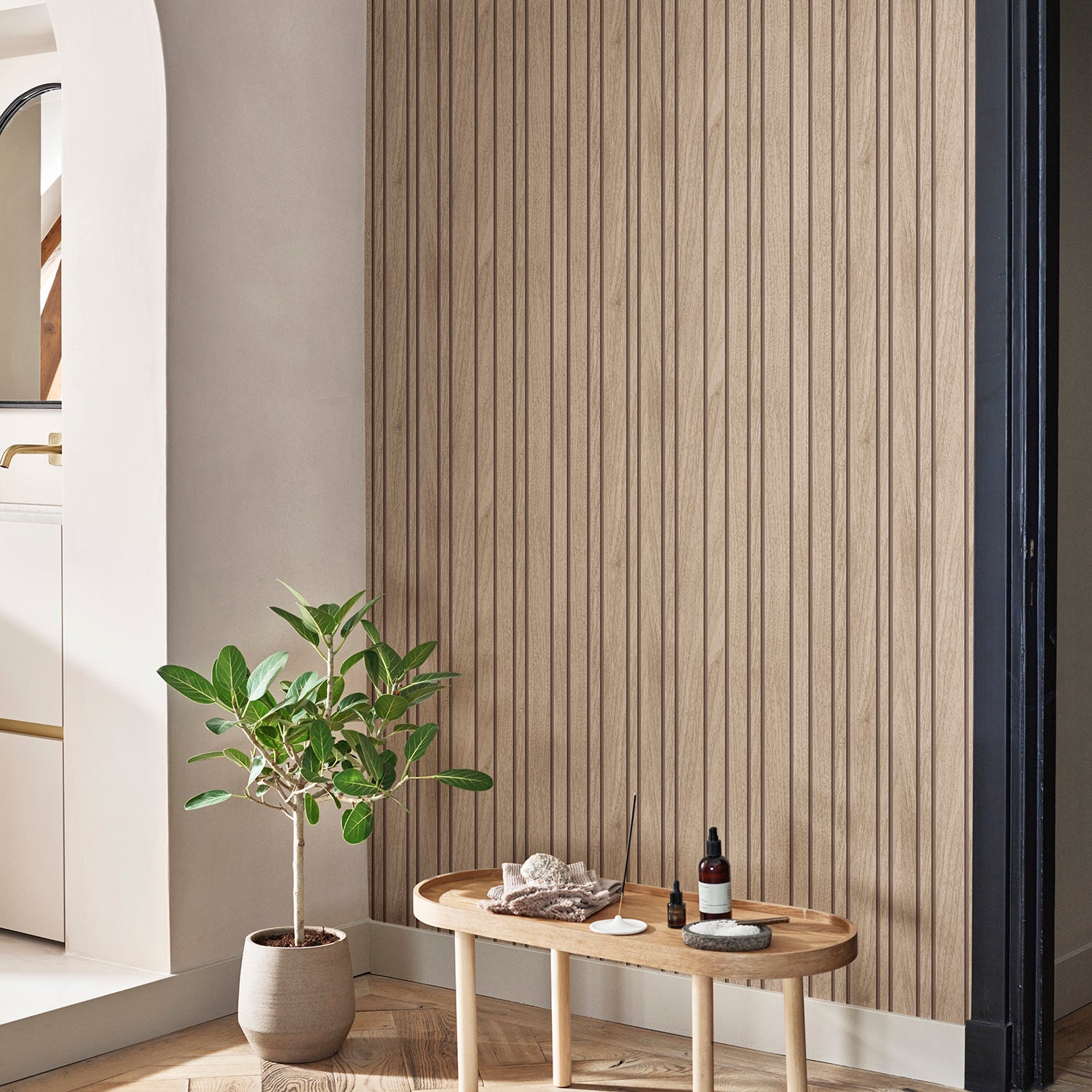 Papier peint intissé Unis et geometriques rayure bois moyen, chêne ...