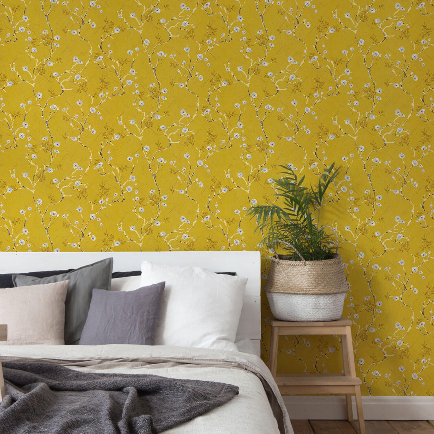 Papier peint intissé Sejour et chambre branche jaune, jaune moutarde ...