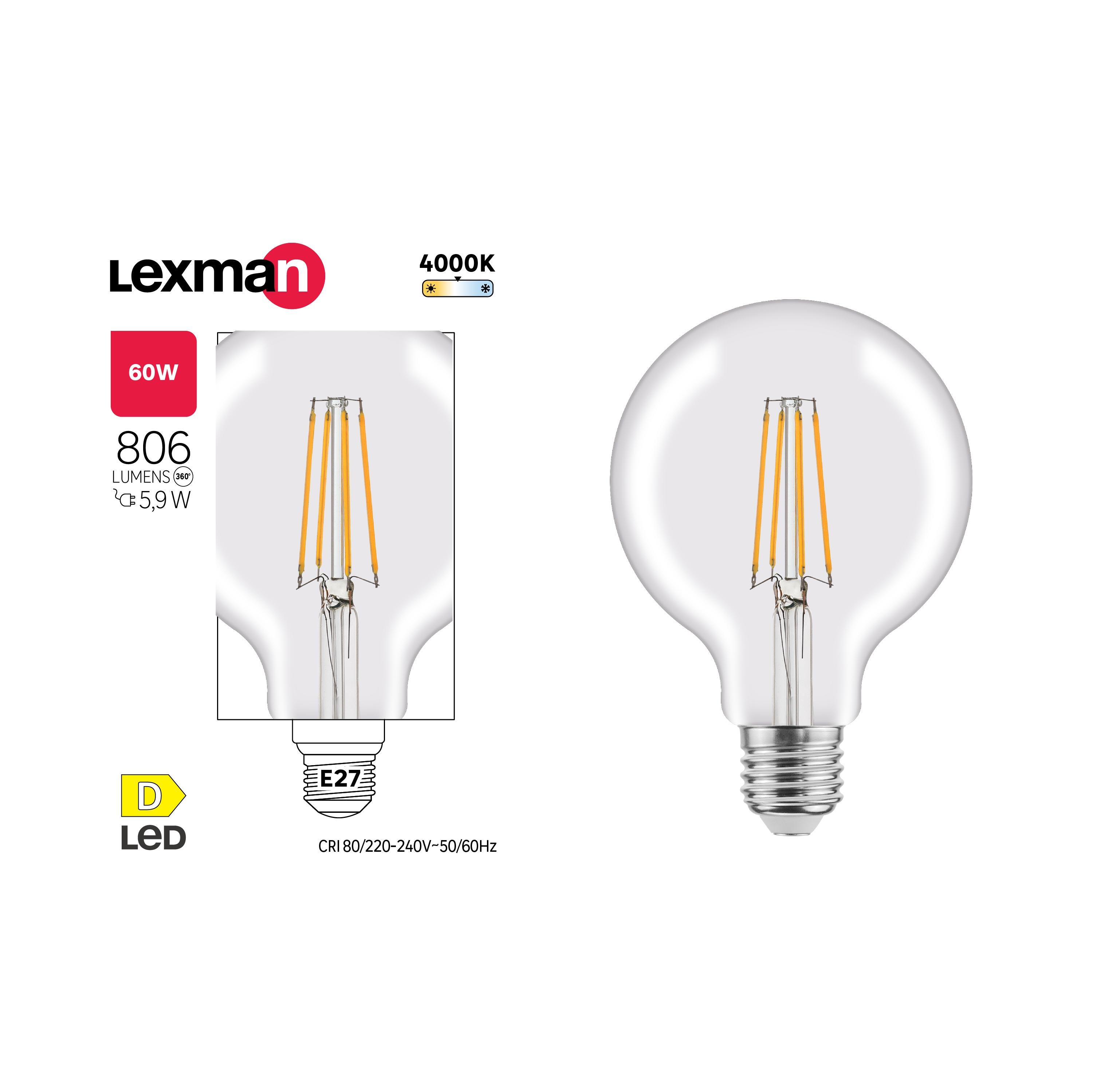Ampoule led à filament, globe 95mm, E27, 806lm = 60W, blanc neutre, LEXMAN | Leroy Merlin