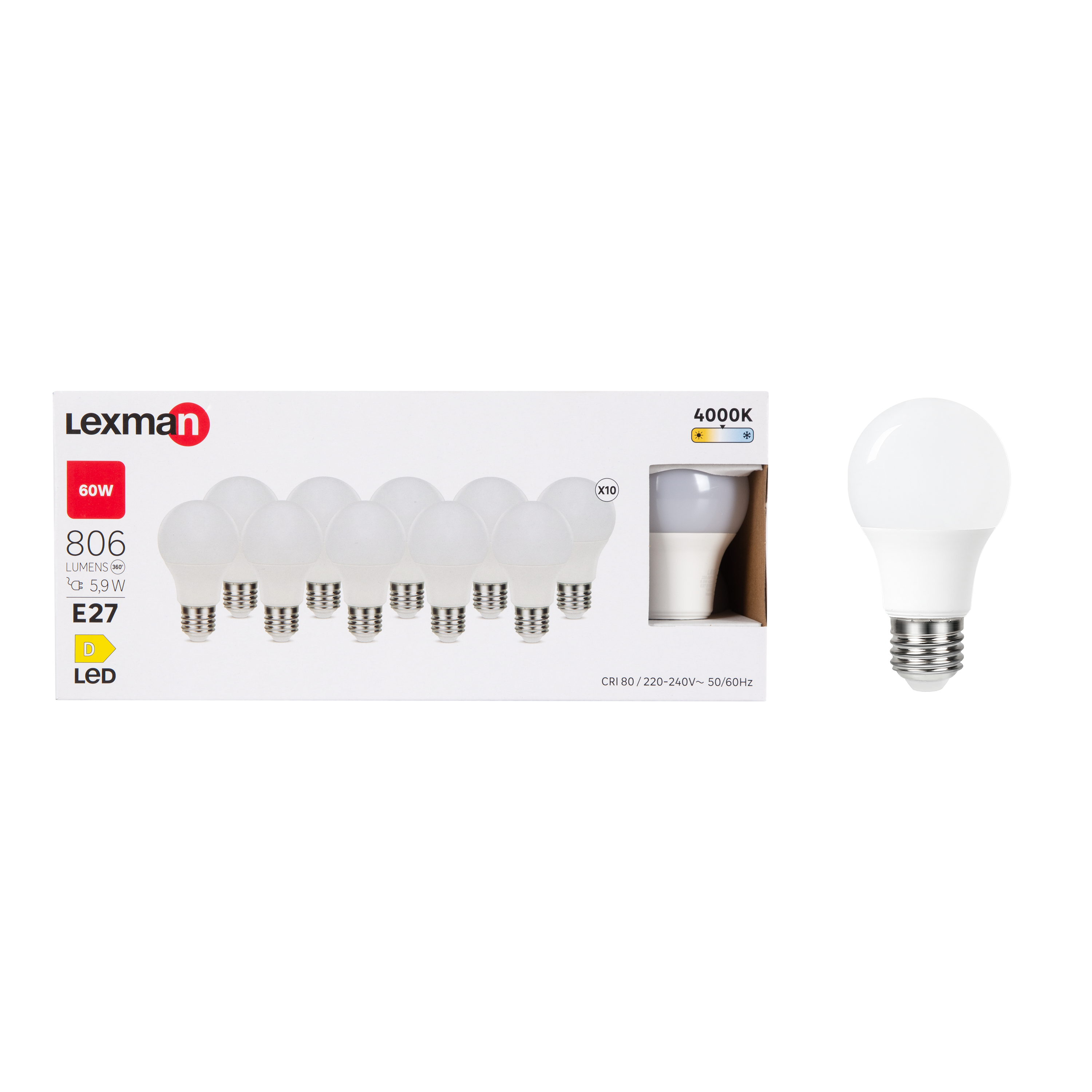Lot de 10 ampoules led E27, 806lm = 60W, blanc neutre, LEXMAN | Leroy ...