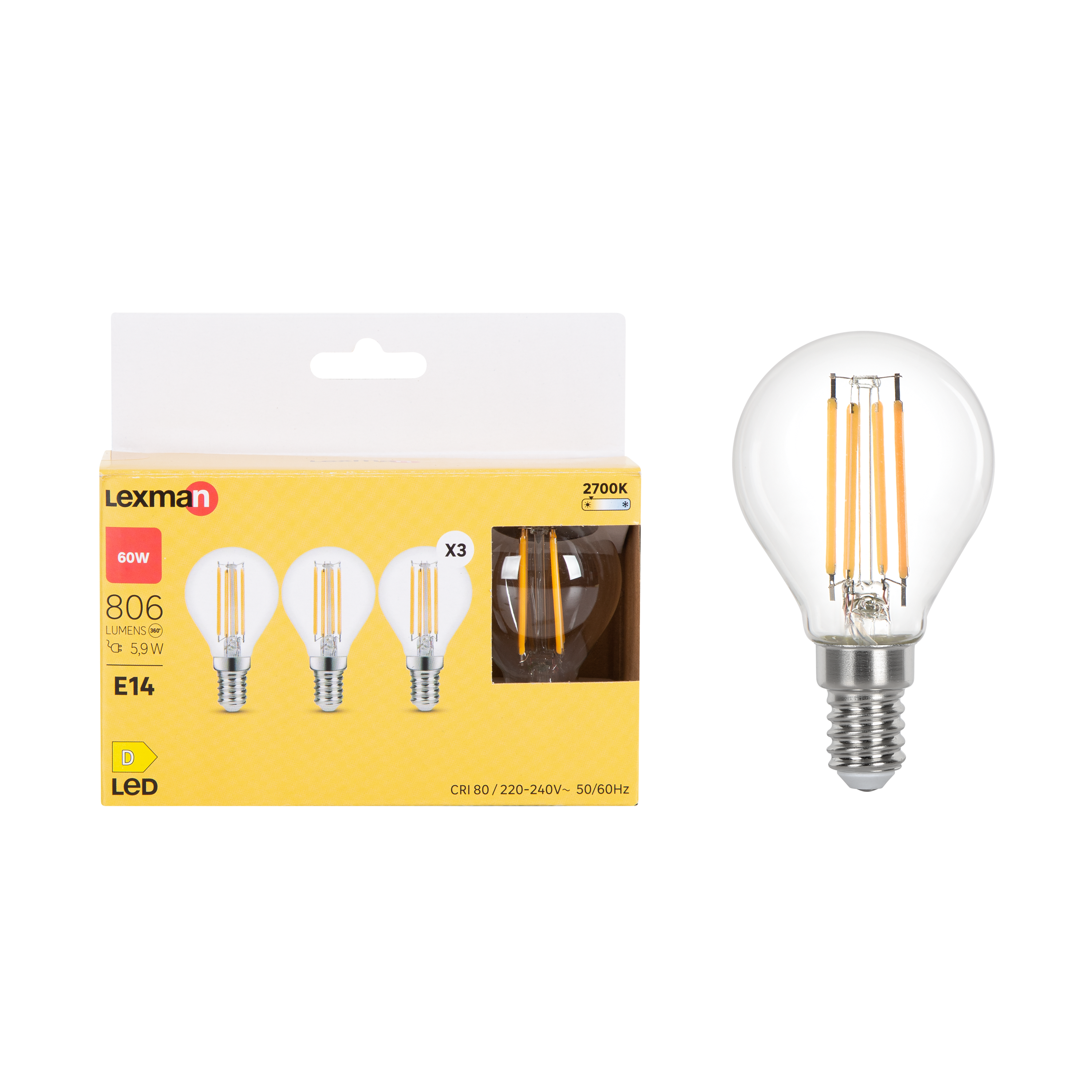 3 ampoules led à filament, sphérique, E14, 806lm = 60W, blanc chaud ...