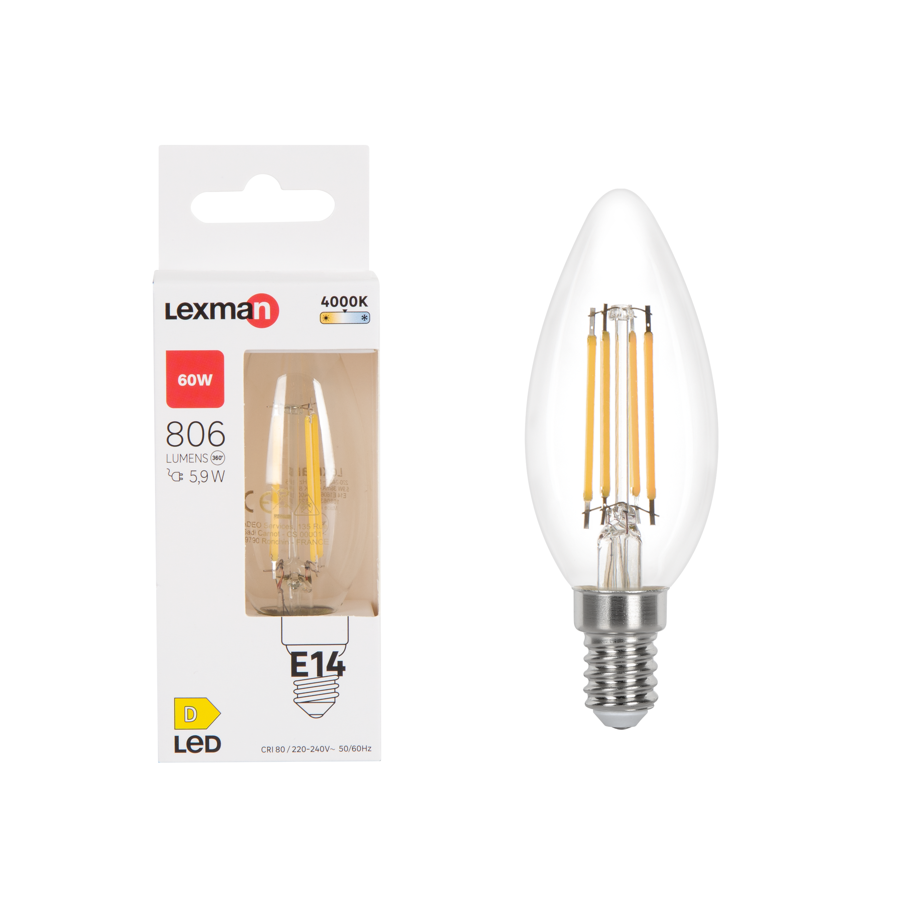Ampoule led à filament, flamme, E14, 806lm = 60W, blanc neutre, LEXMAN ...