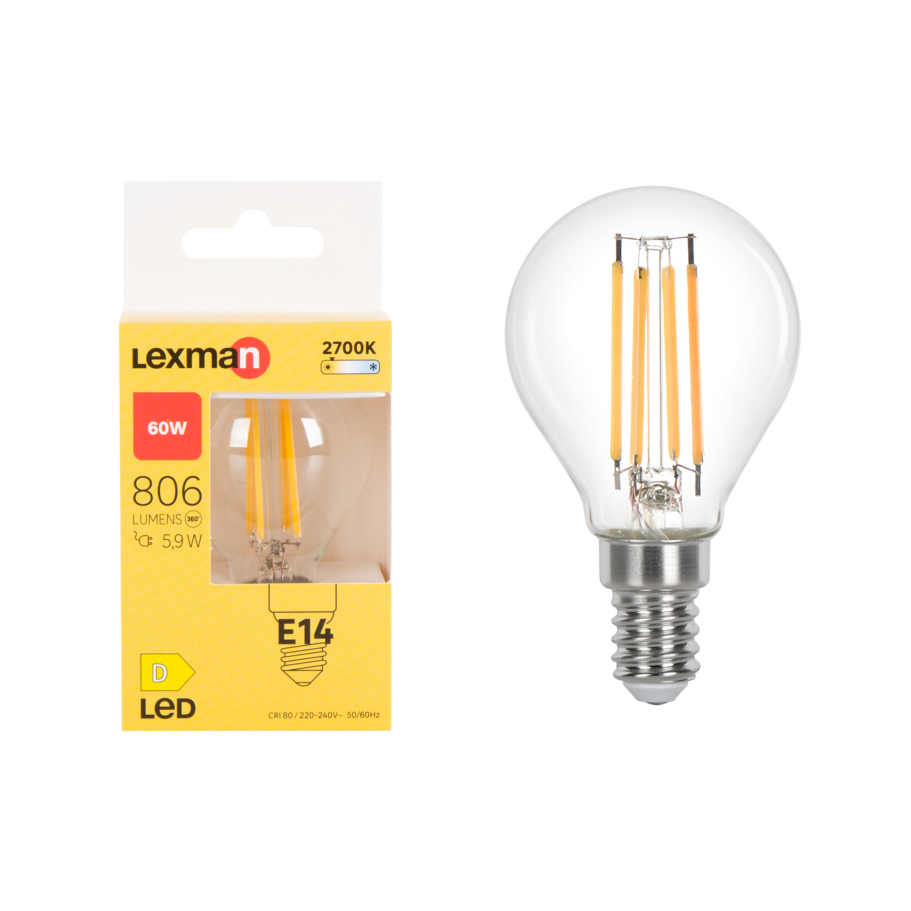 Ampoule led à filament, sphérique, E14, 806lm = 60W, blanc chaud ...