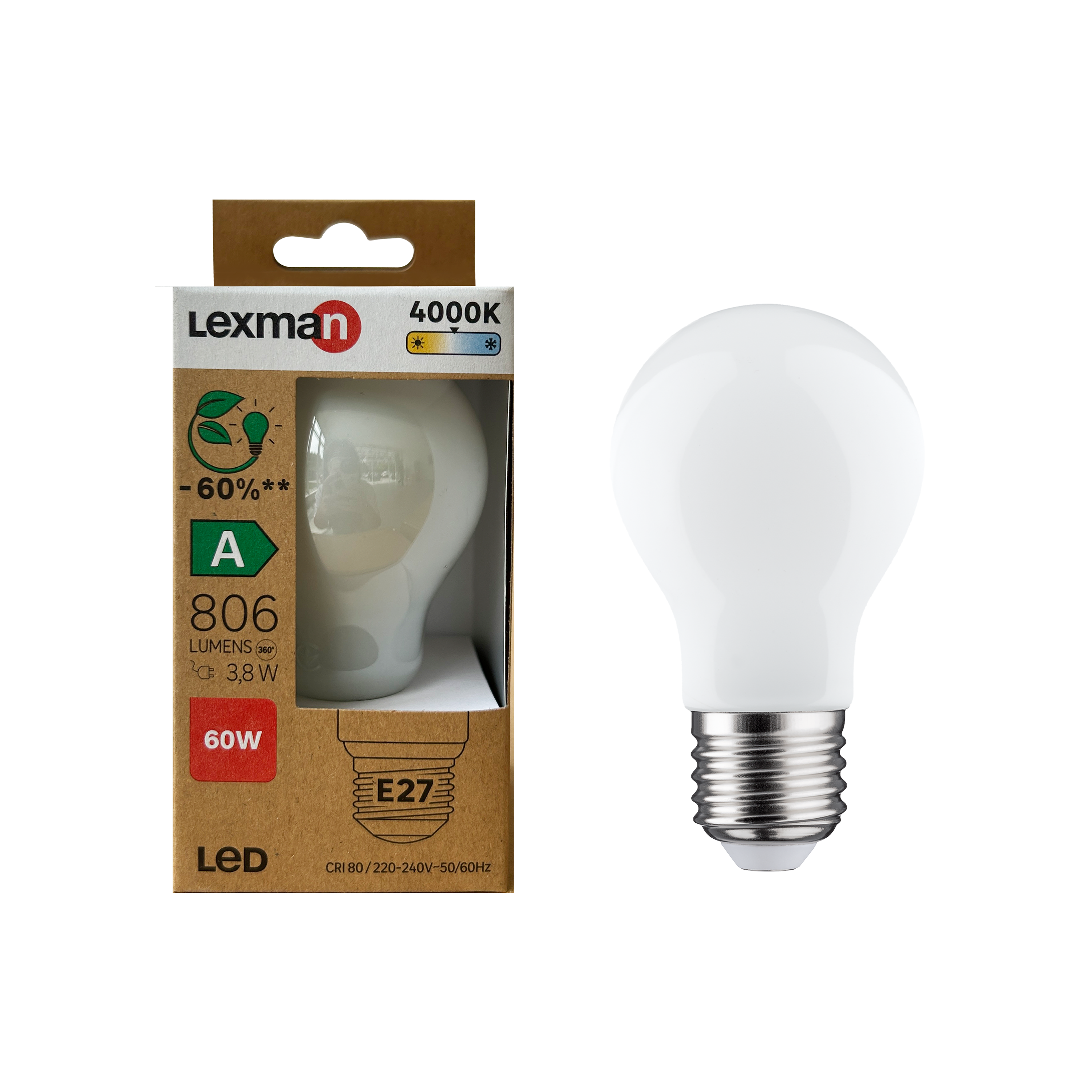 Lampadina LED, E27 goccia, opaco, luce naturale, 3.8W= 806LM (equiv 60 ...