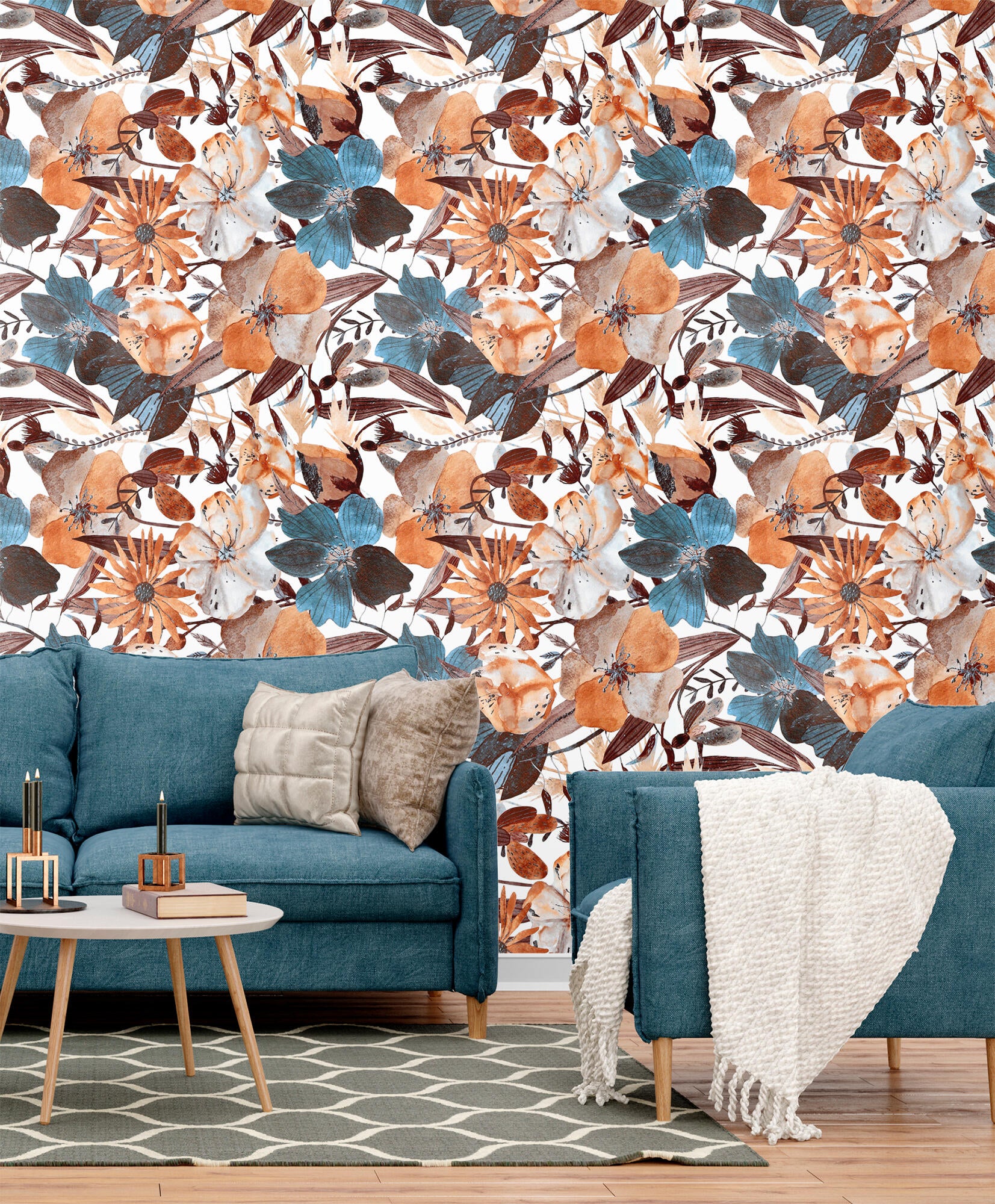 Papel pintado TNT aplicación cola en pared Naturaleza Flor azul 53cmx10 ...