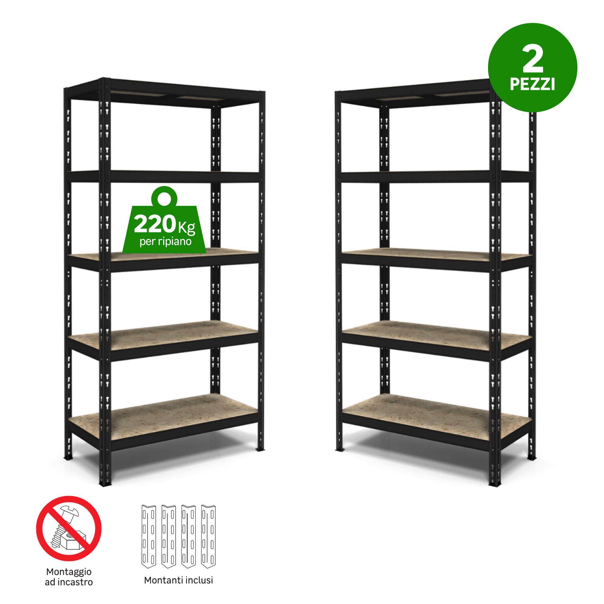 Set di 2 scaffali 5 ripiani POWERFUL L 100 x P 40 x H 180 cm nero ...