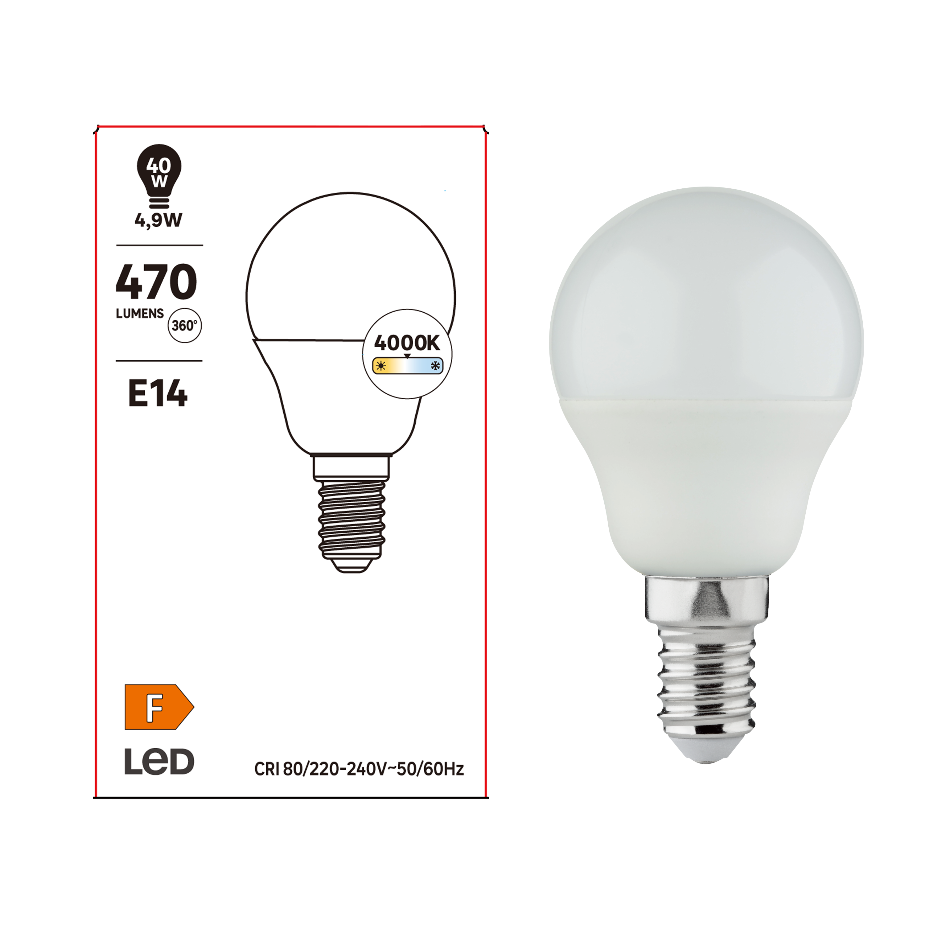 Bombilla LED E14 esférica 40W blanco neutro | Leroy Merlin