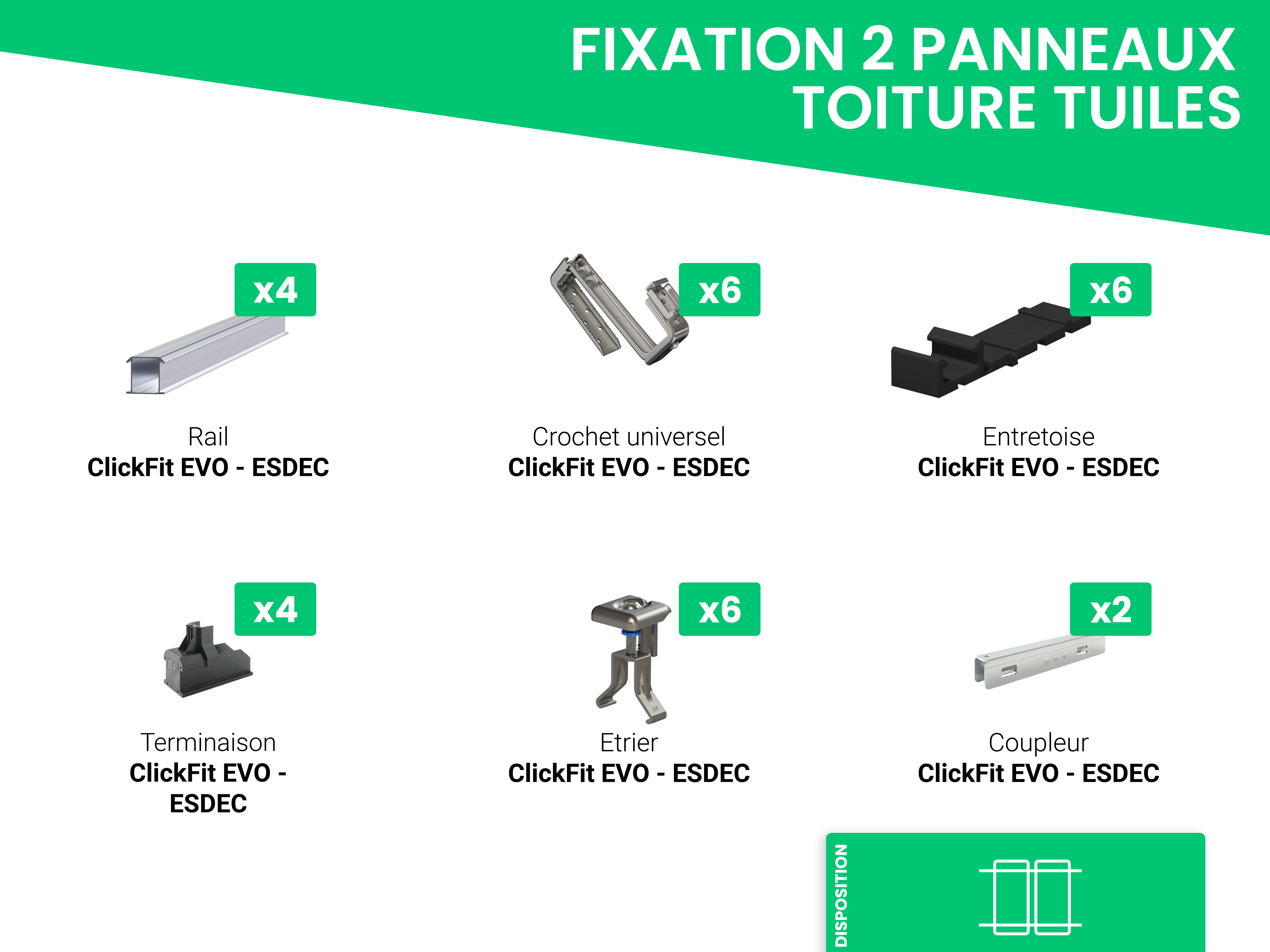Kit de fixation panneau solaire toit en tuiles, pour 2 pnx, pose ...