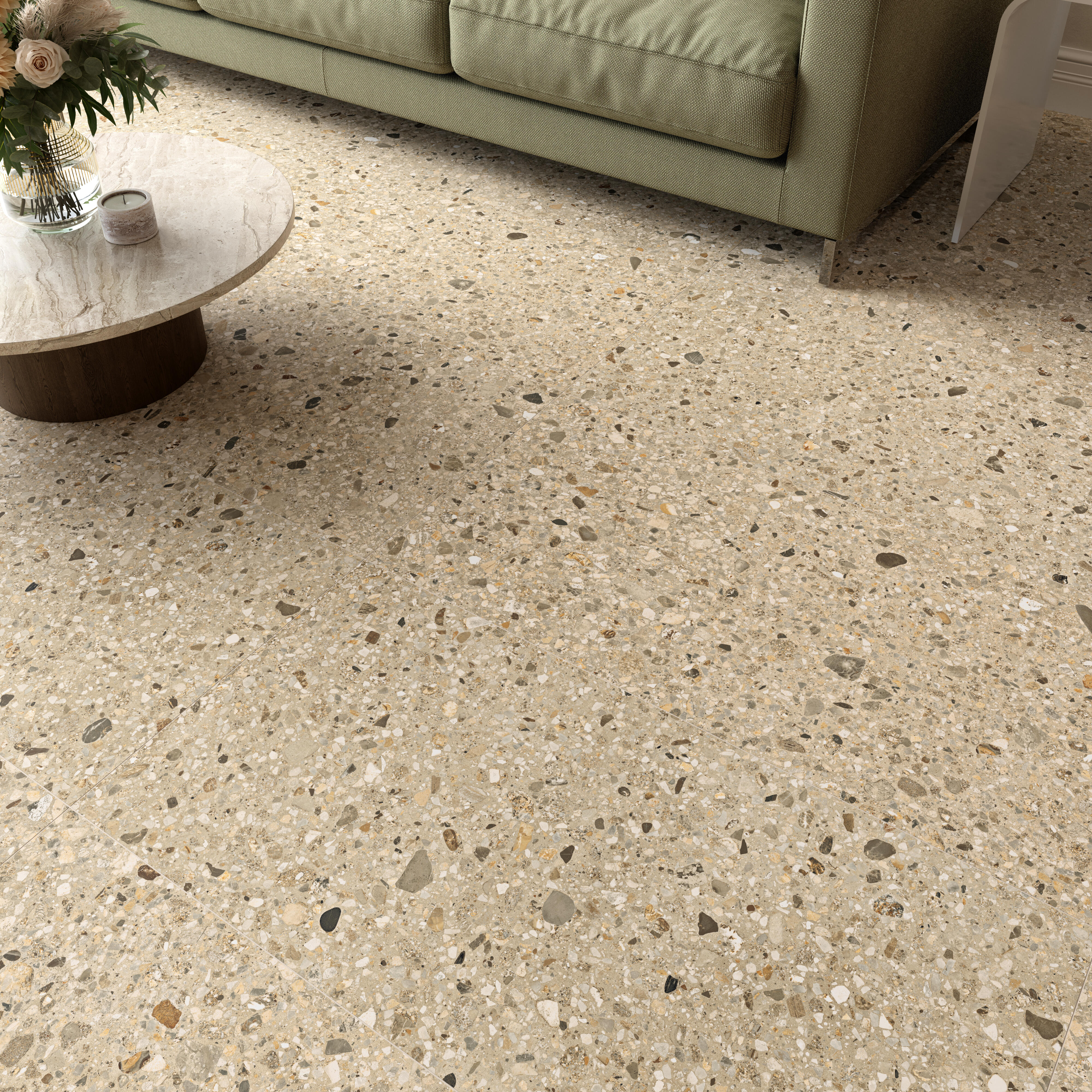 Carrelage mur / sol intérieur effet terrazzo beige Essentiel l.60 x L ...