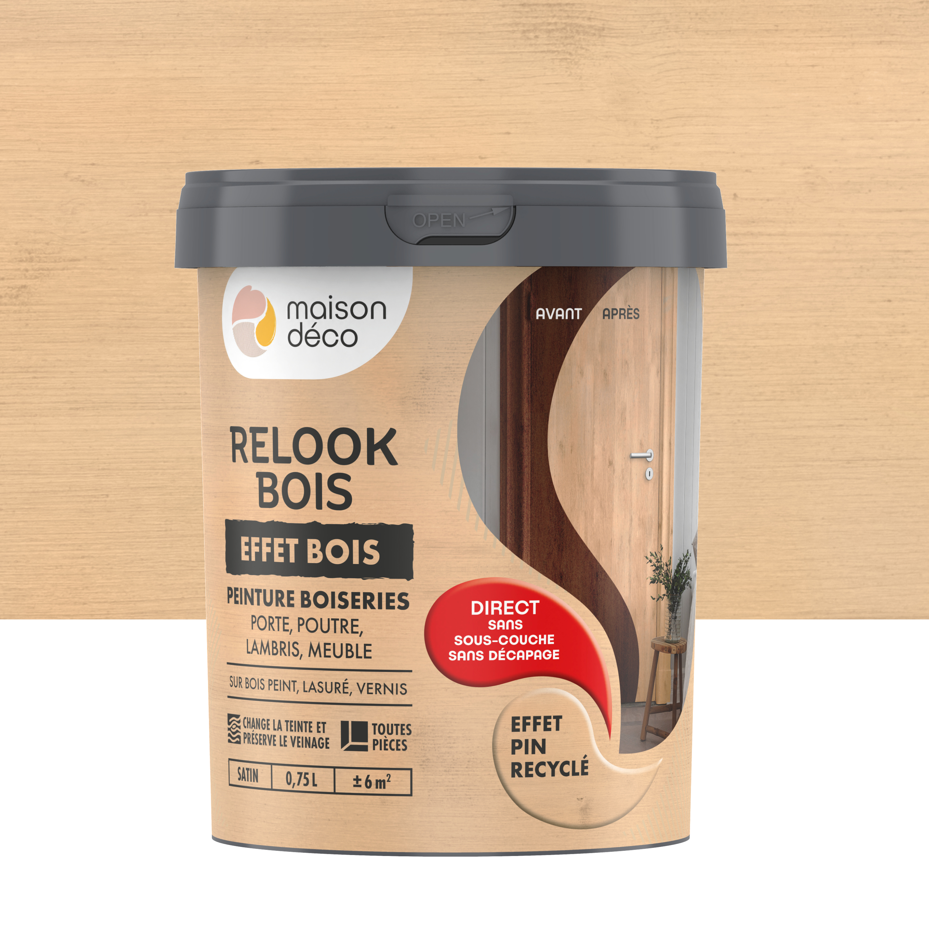Peinture Relook bois MAISON DECO, pin recycle satiné, 0.75 l | Leroy Merlin