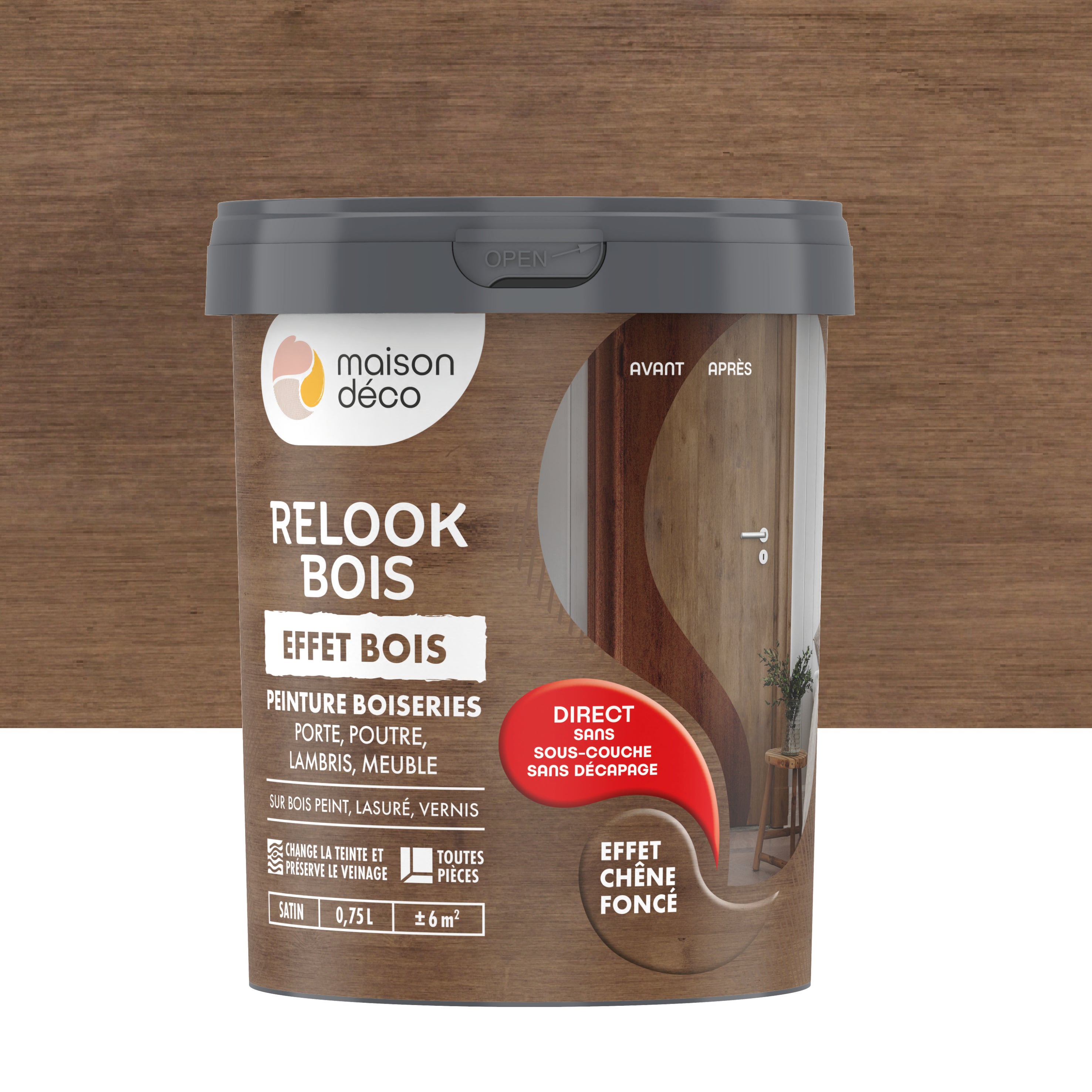 Peinture Relook bois MAISON DECO, chêne foncé satiné, 0.75 l | Leroy Merlin