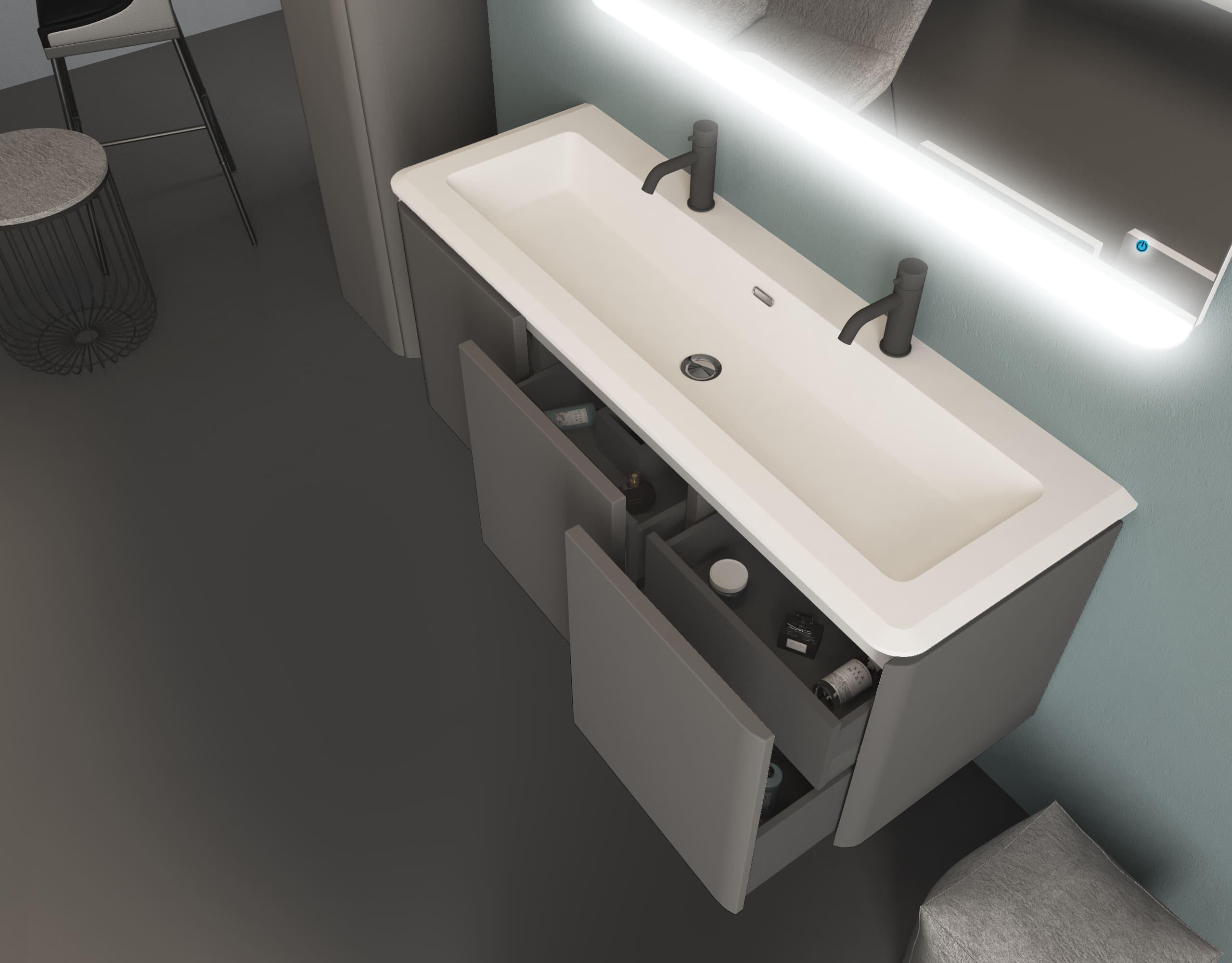 Meuble simple vasque, 3p l.140 x H.55 x P.48 cm, gris nuage, Icona ...