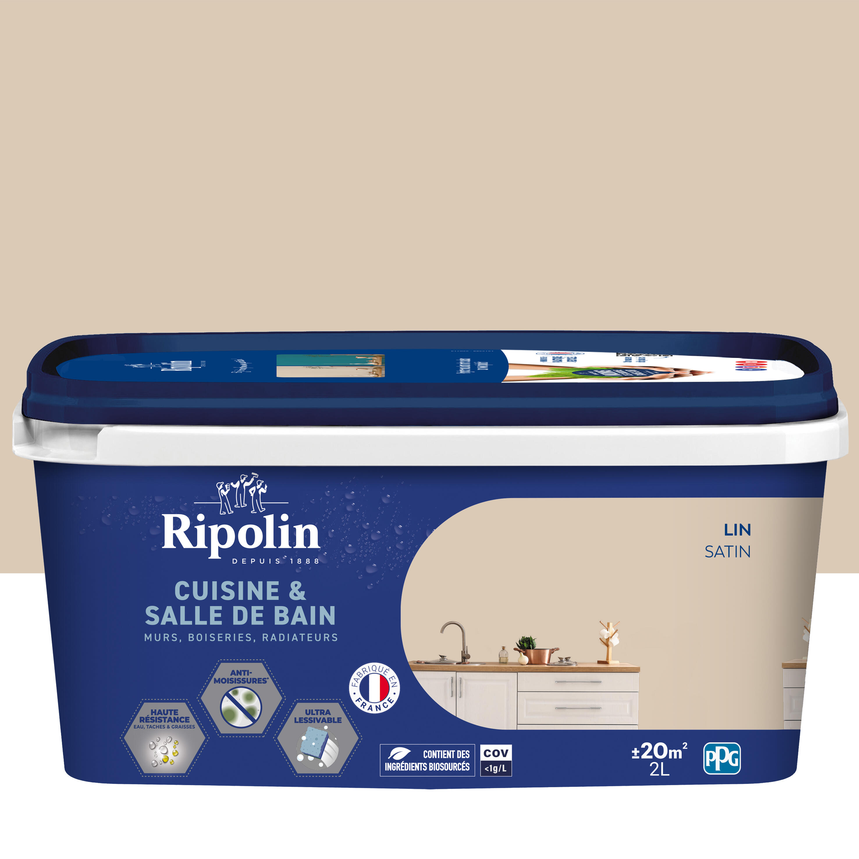 Peinture mur lin satin RIPOLIN Cuisine et bain 2L | Leroy Merlin