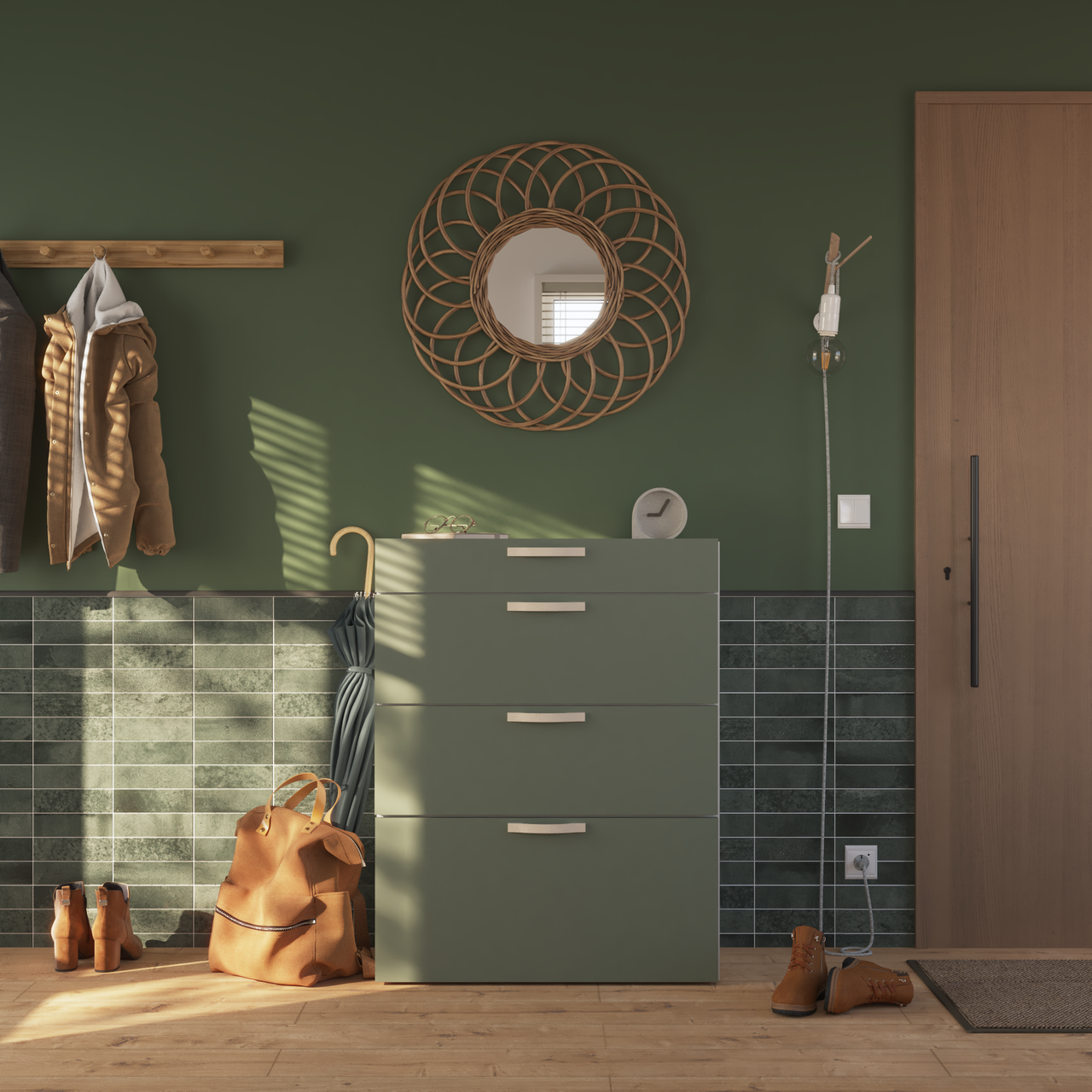 Une commode gris vert dans une entrée nature | Leroy Merlin