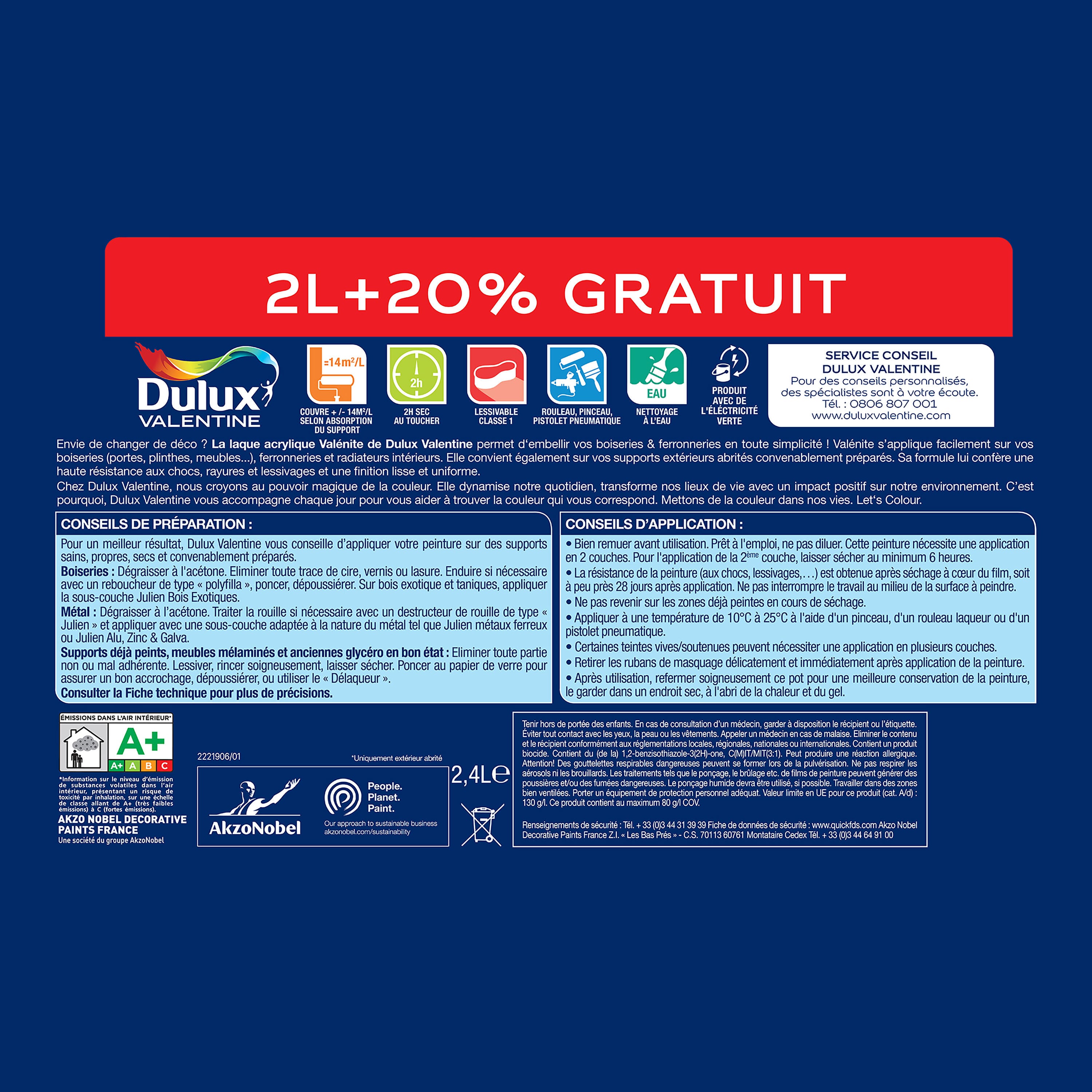 Peinture boiserie blanc satin DULUX VALENTINE Valénite acrylique 2L+20% ...