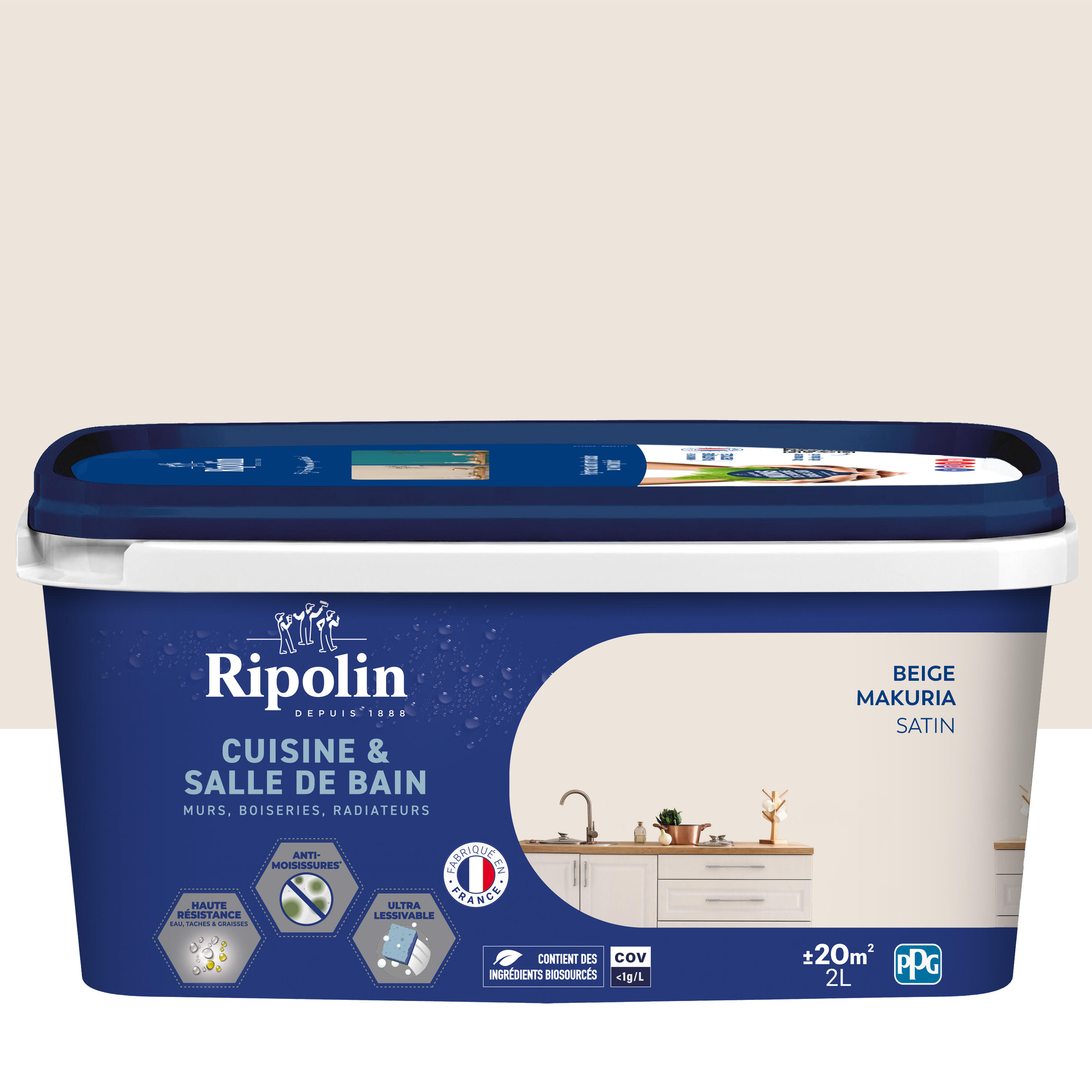 Peinture mur beige makuria satin RIPOLIN Cuisine et bain 2L | Leroy Merlin
