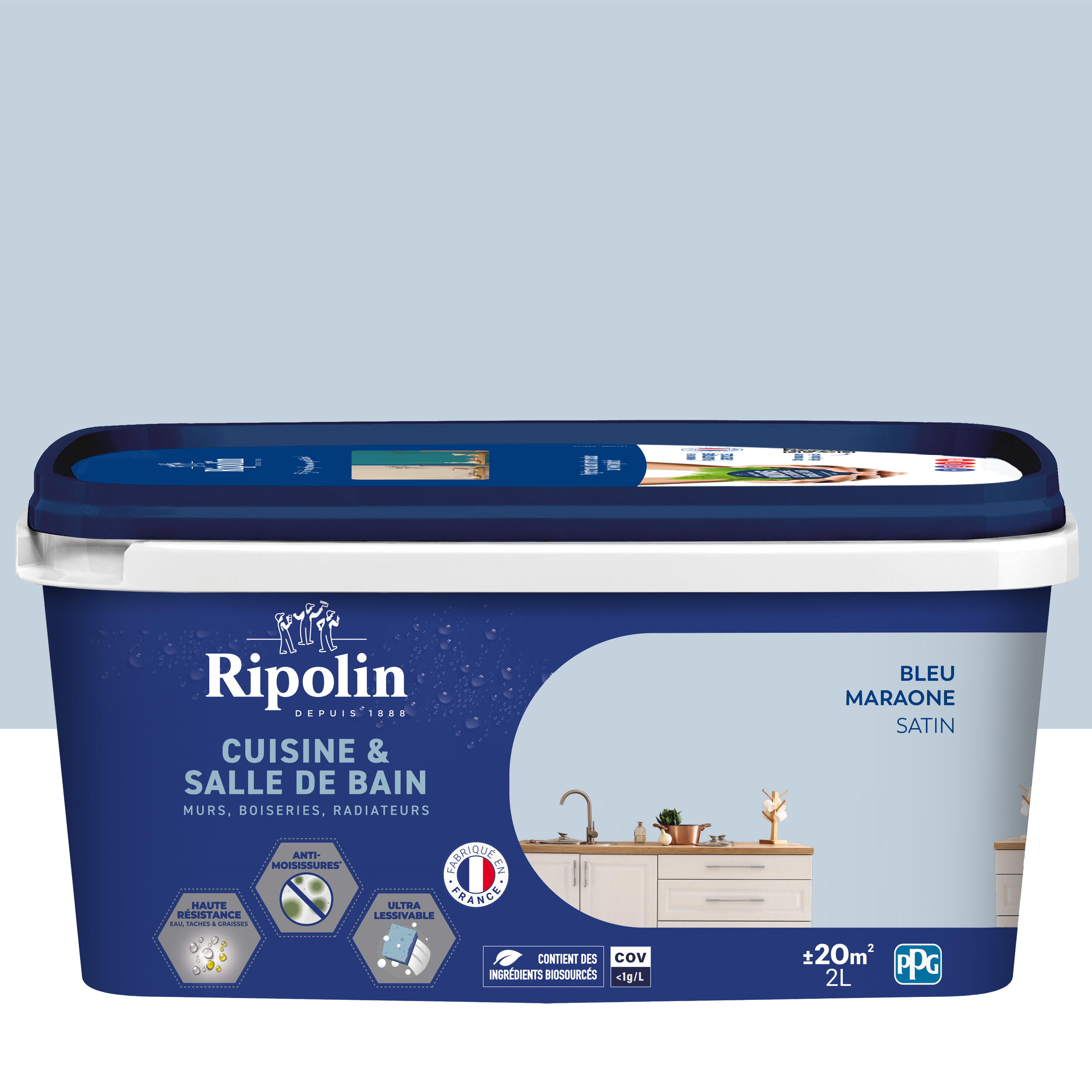 Peinture mur bleu maraone satin RIPOLIN Cuisine et bain 2L | Leroy Merlin