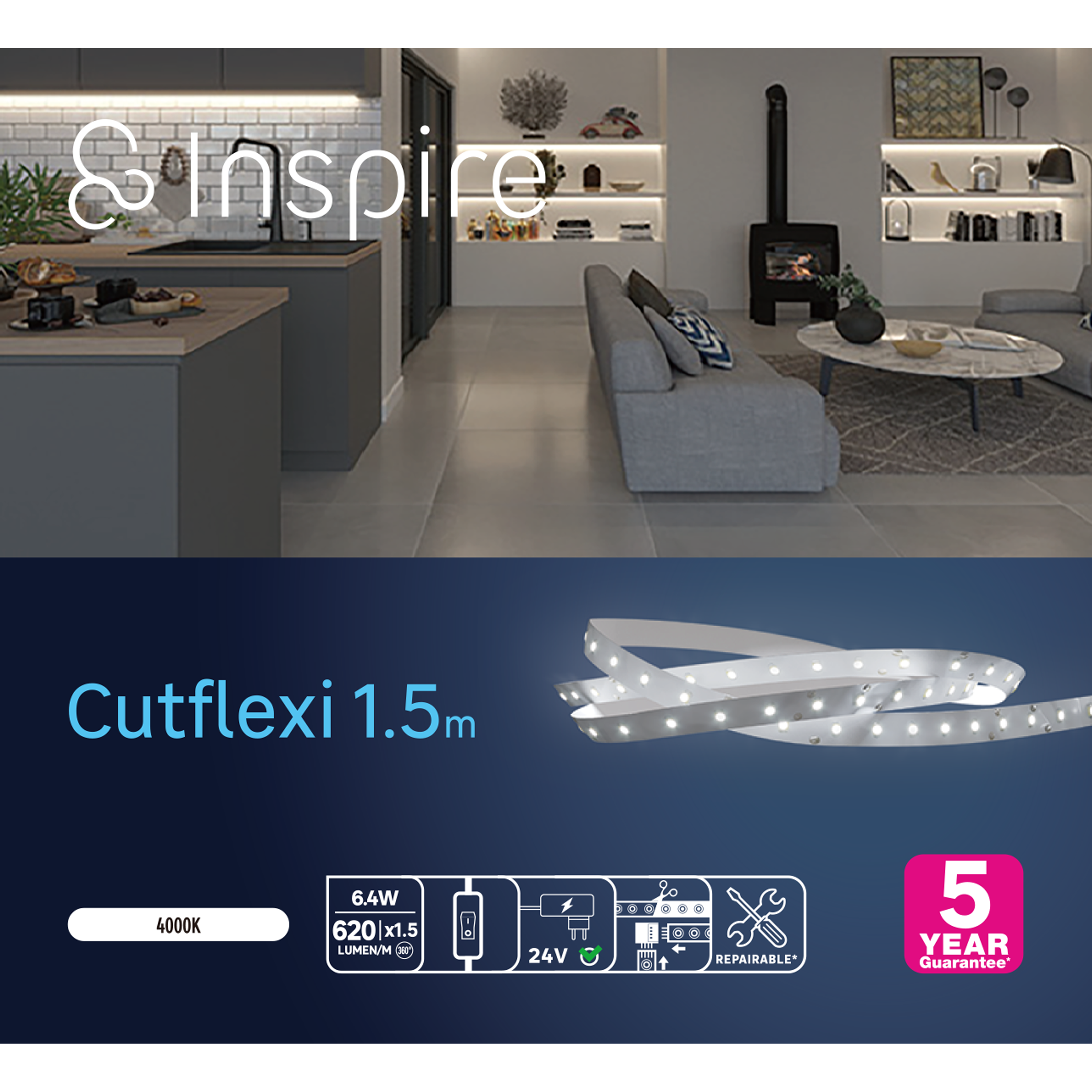 Kit ruban LED L.1,5m, blanc neutre 4000 Kelvins, 620 Lumens/m, Cutflexi ...