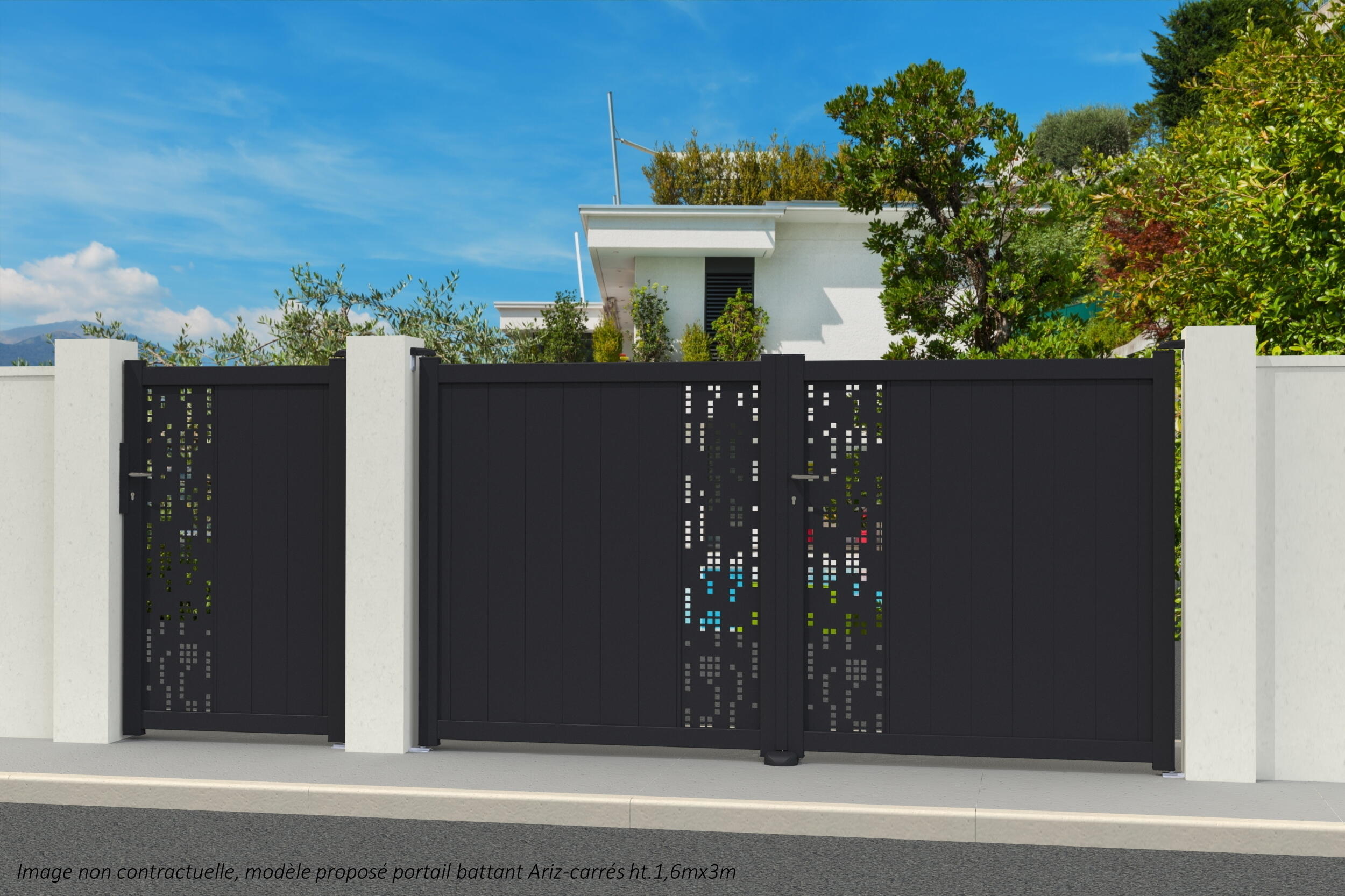 Portail aluminium ARIZ .carrés ouvr.droit noir 9005 ROY l.300xH.180cm ...