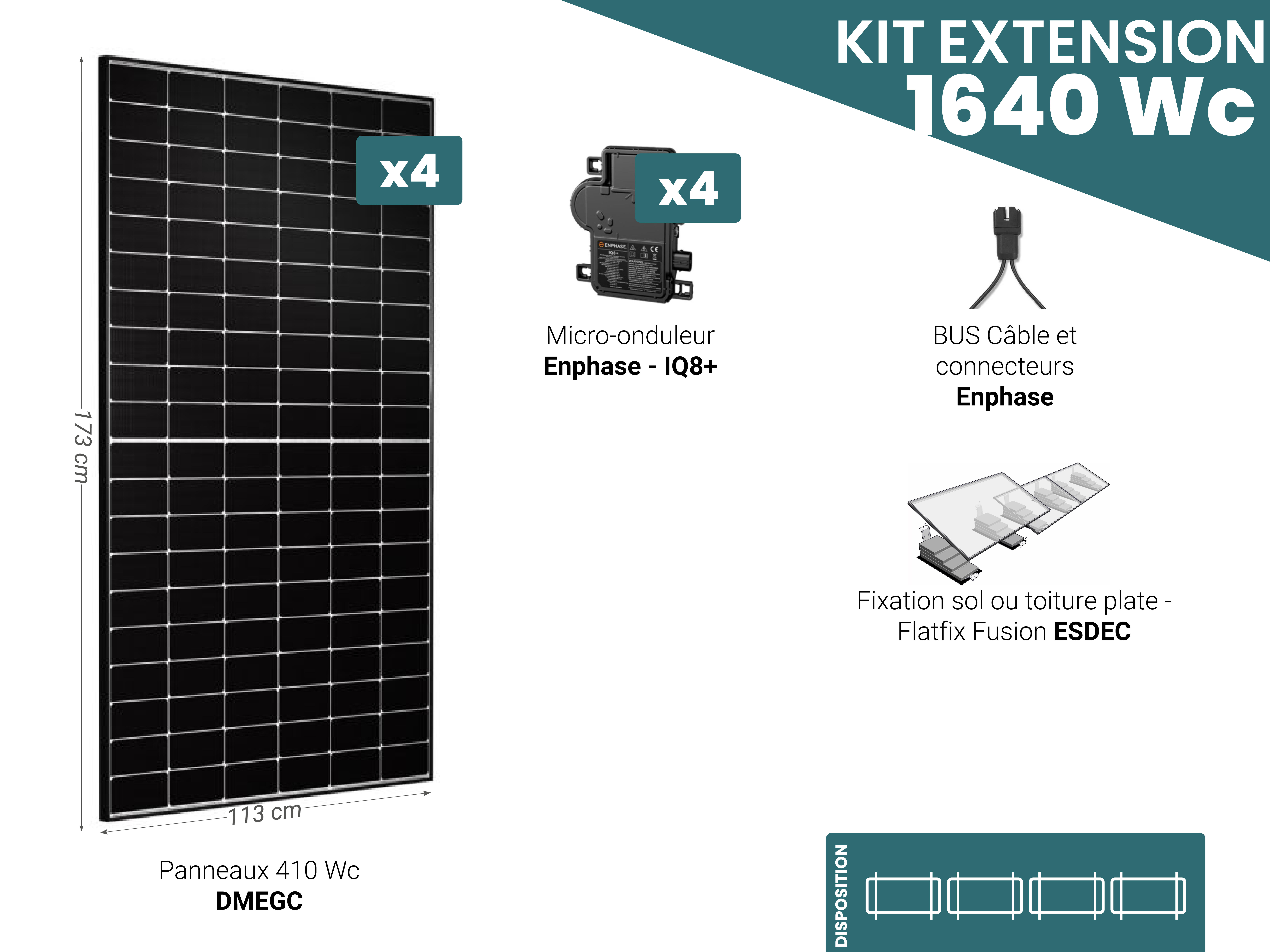Kit d'extension 4 panneaux solaires 1640Wc ENPHASE, pose sol ou toit ...
