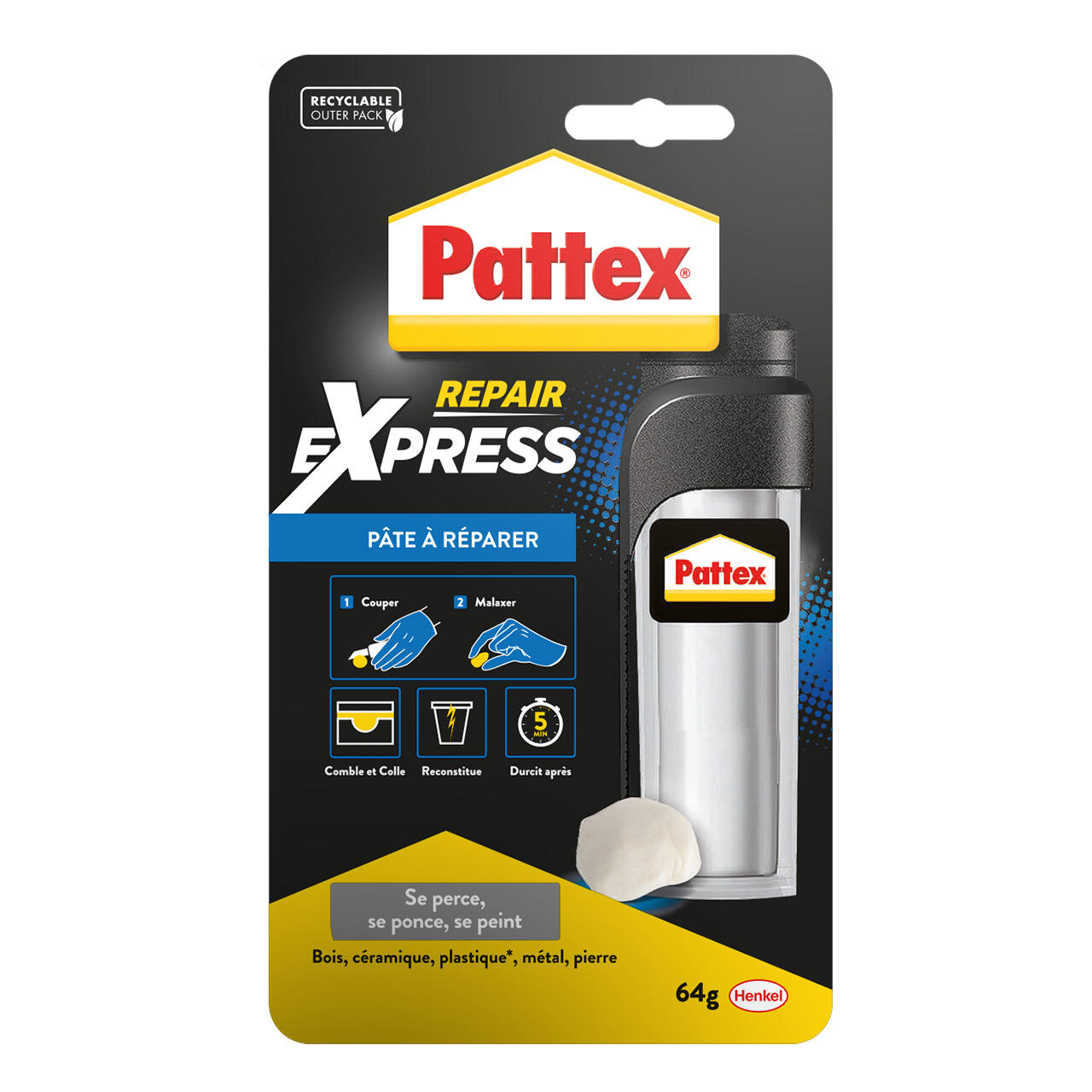 Colle de réparation époxy Pâte repair express multi-usages PATTEX, 64g ...