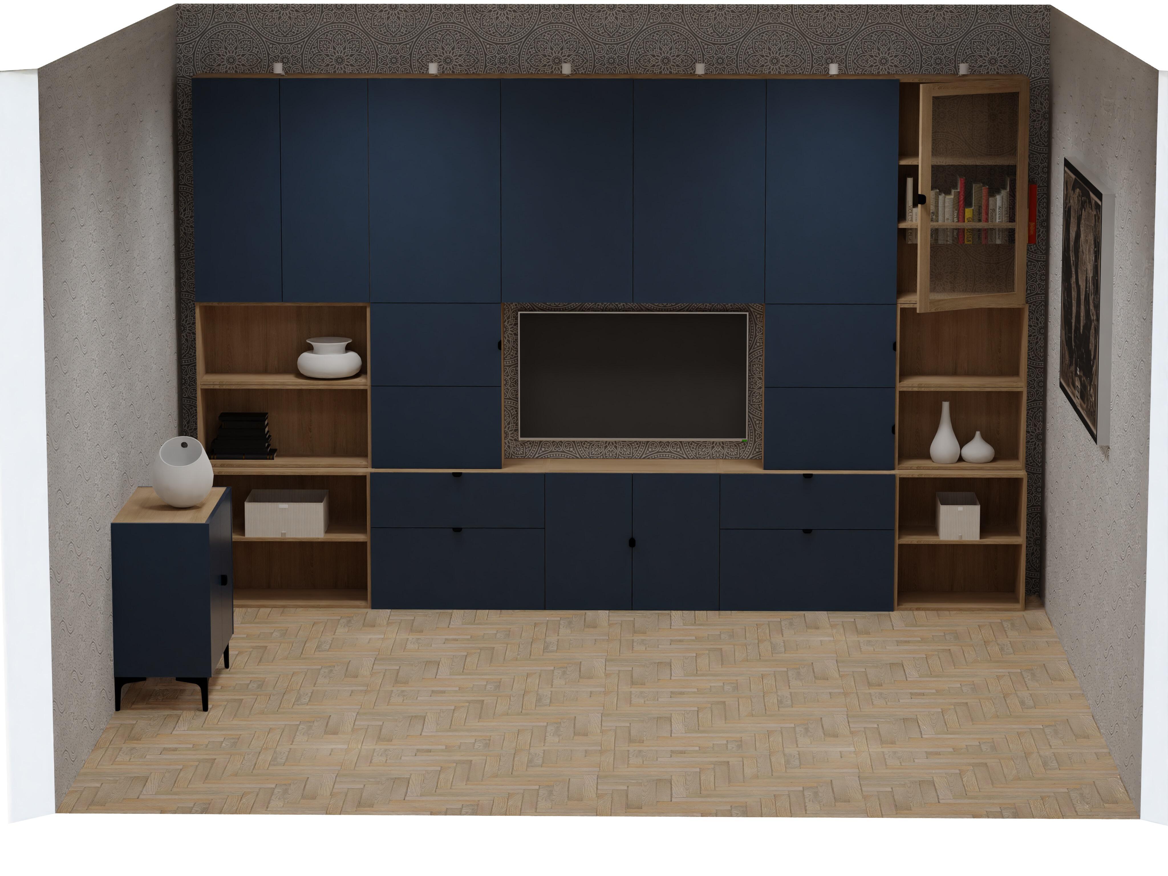 Ensemble rangement salon SPACEO Evo'M, bleu / chêne H.217.6 x l.470 x P ...