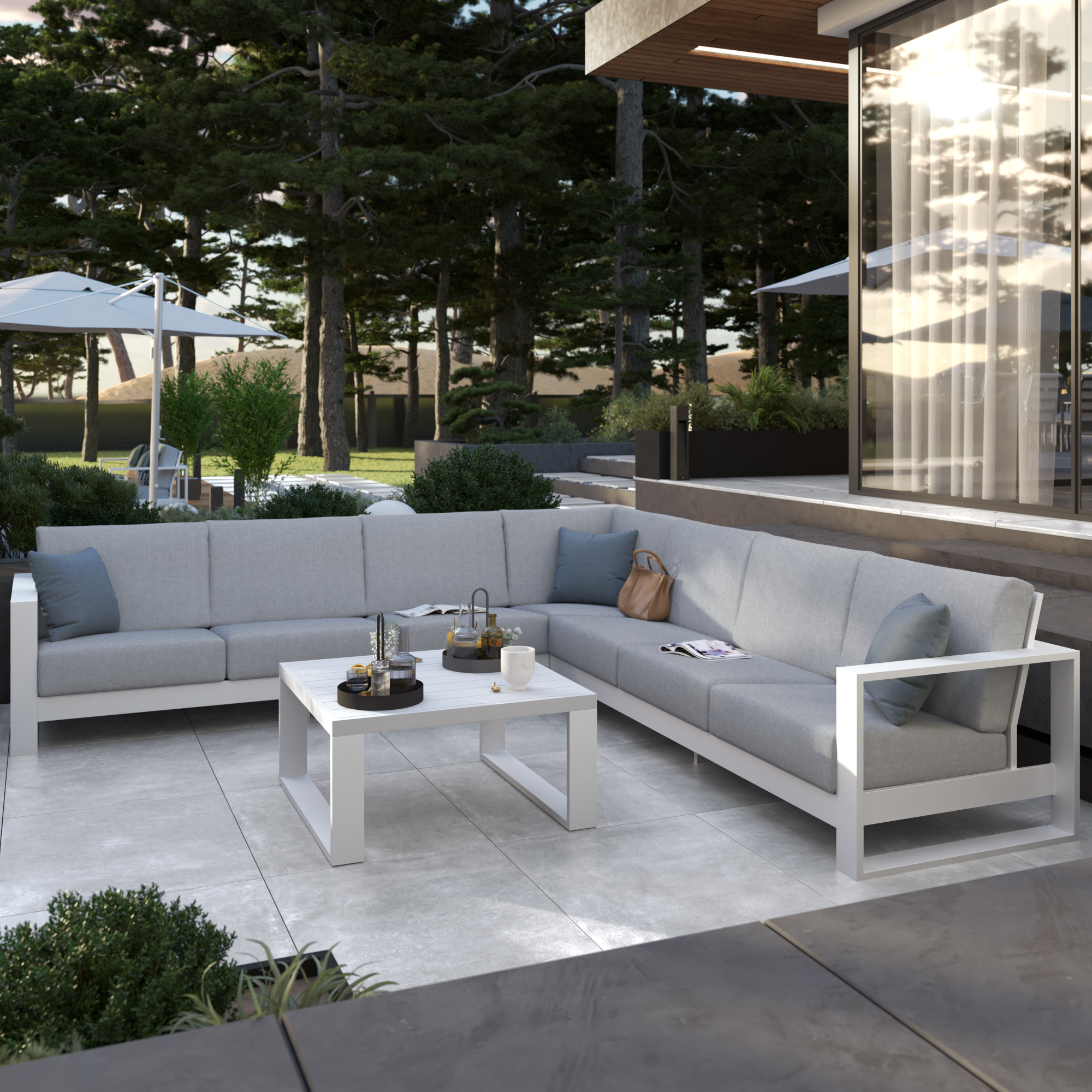 Conjunto esquinero de jardín NATERIAL Athena de aluminio blanco para 7 ...