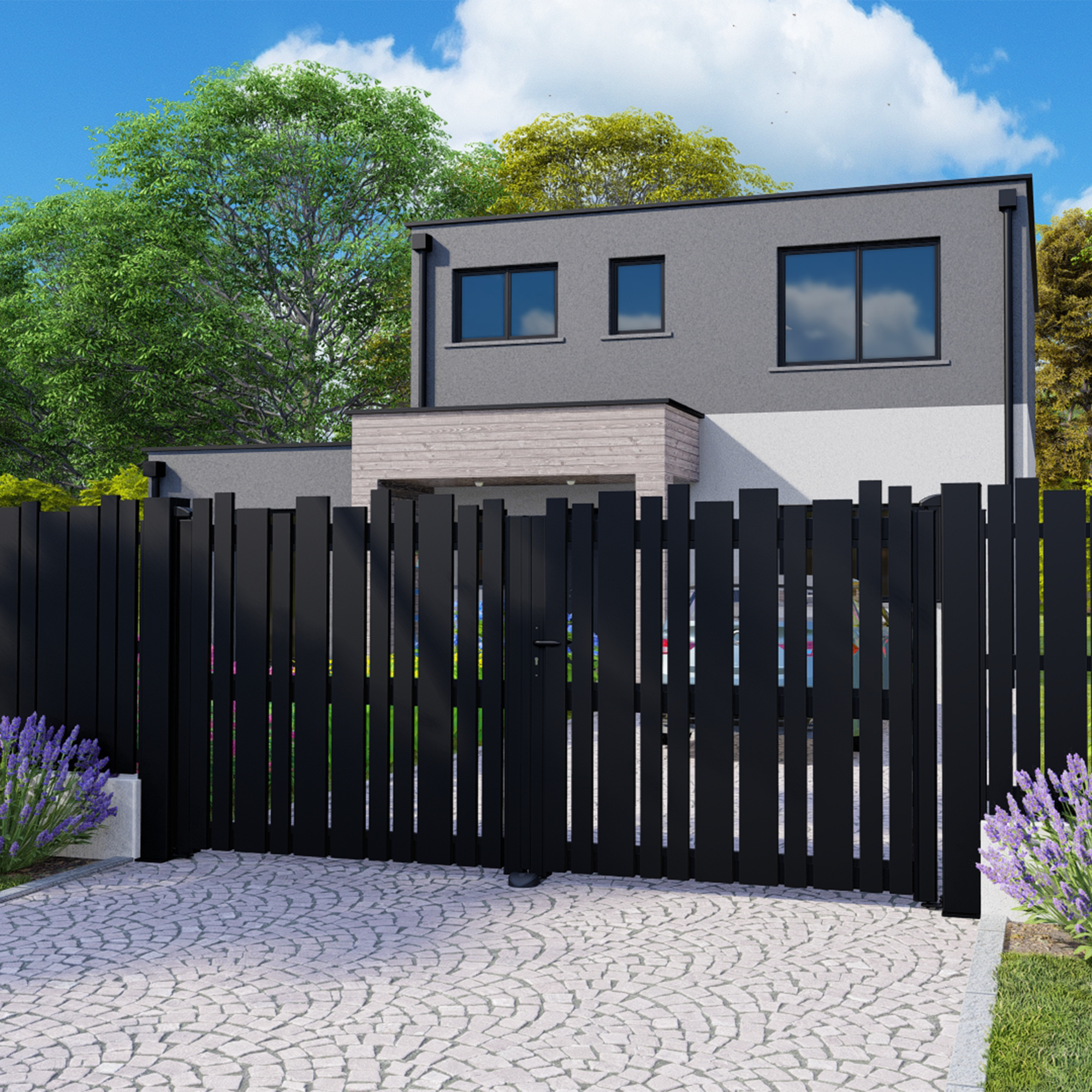 Portail battant aluminium Livio Klos up! noir texturé, l.349 x H.155,8 ...