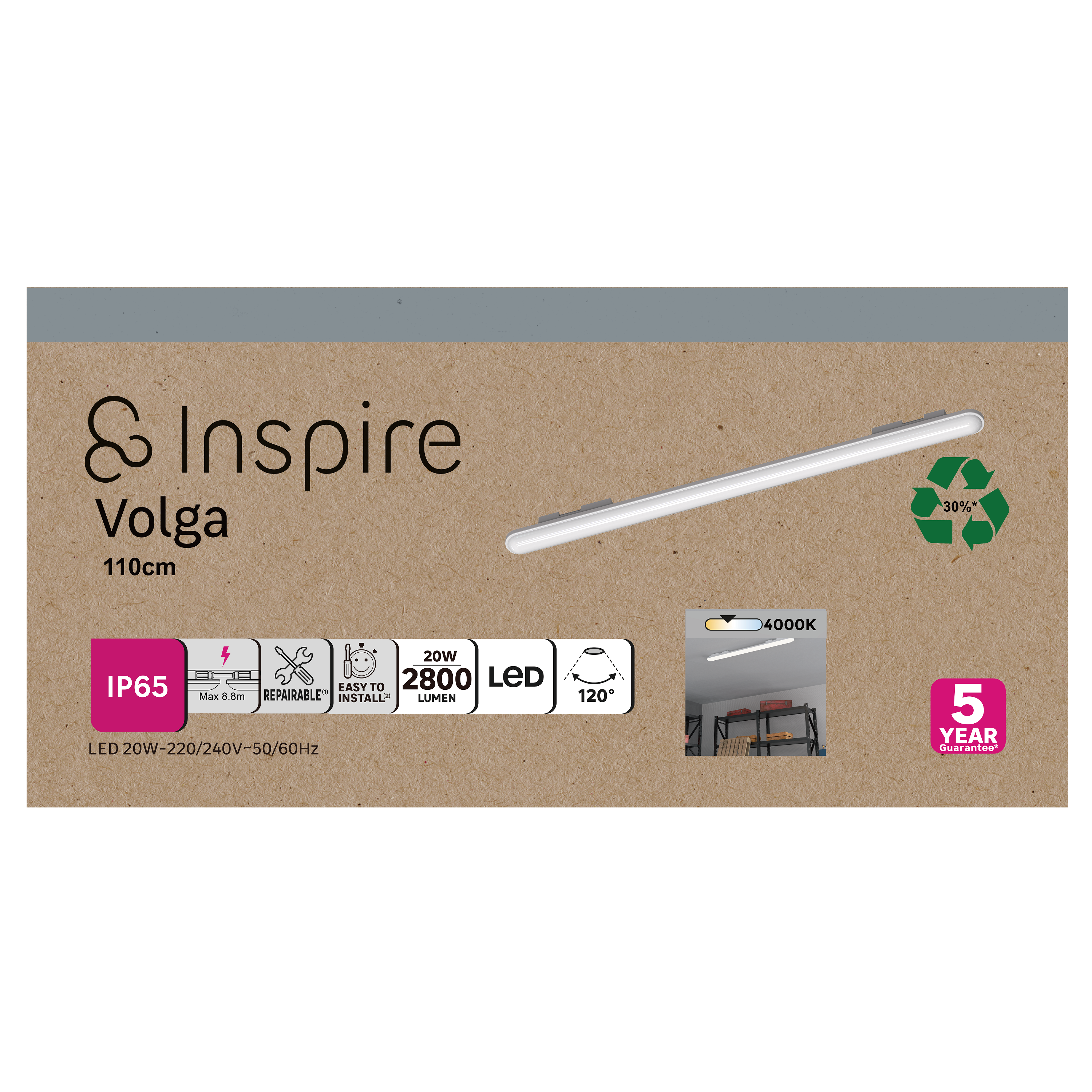 Réglette garage Led étanche IP65 L.110 cm 2800 lm, Volga INSPIRE ...