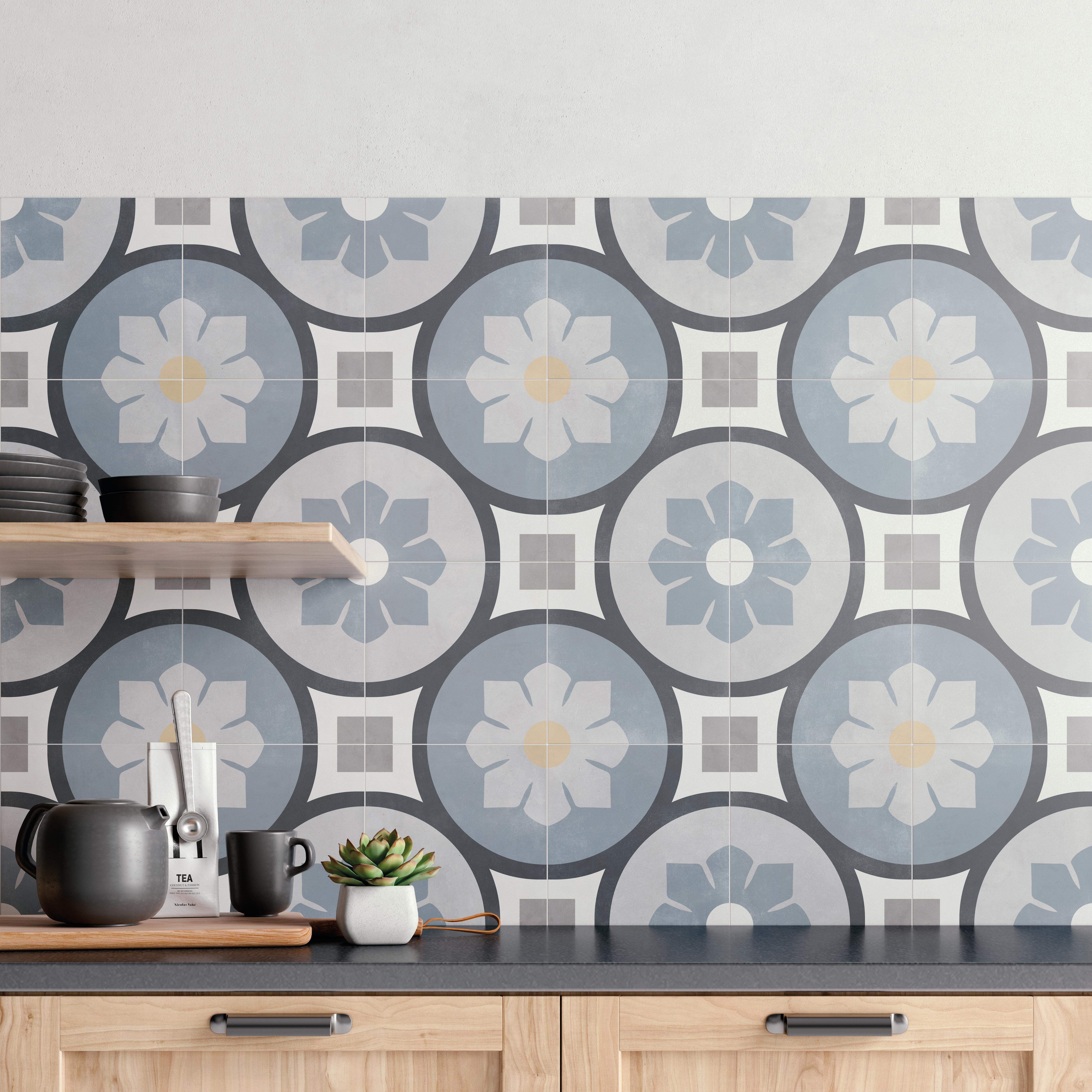 Suelo/Azulejo porcelánico Monsaraz efecto hidráulico bloom blue 22.3x22 ...