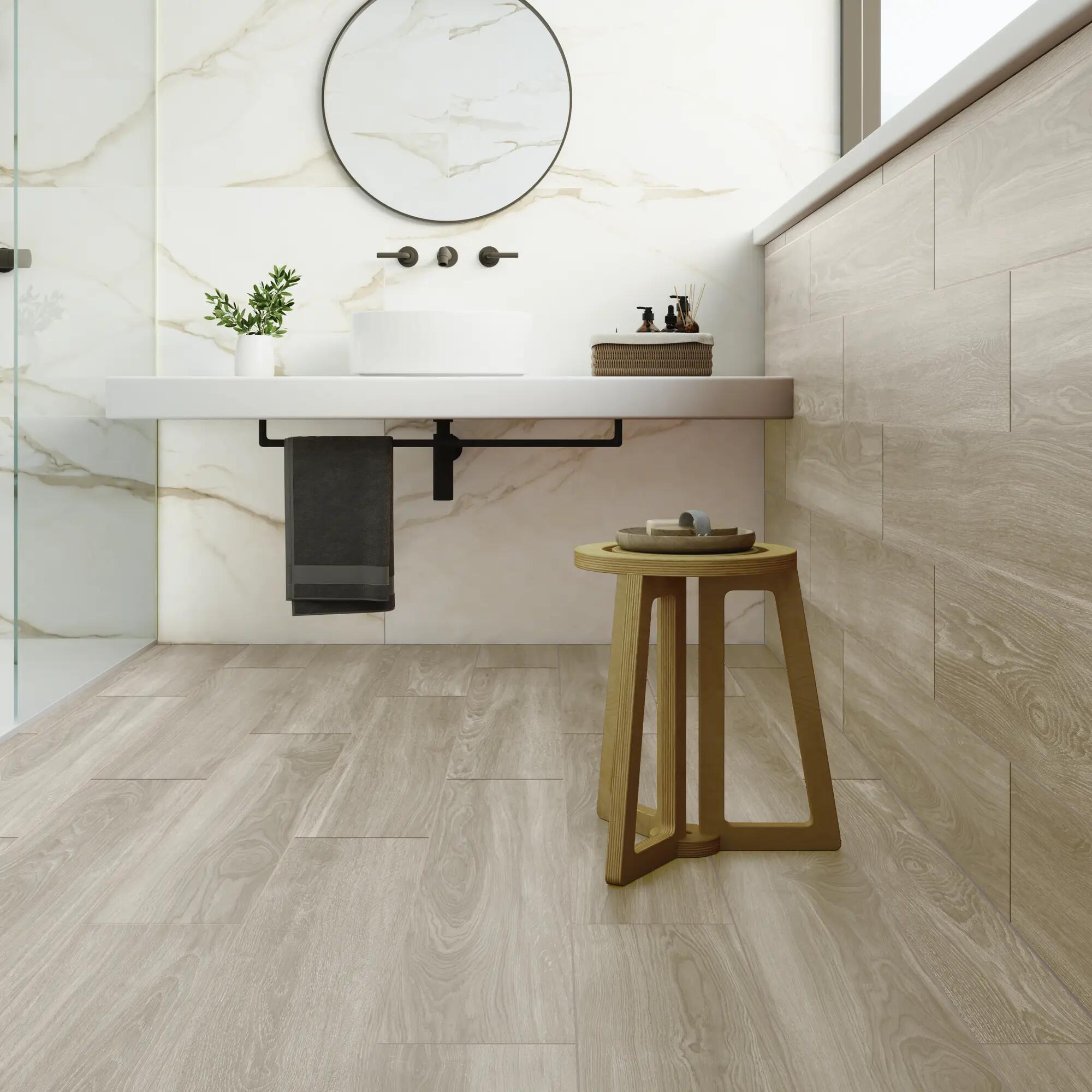 Suelo porcelánico Aren efecto madera taupe 120x19.5 cm C1 PAMESA ...