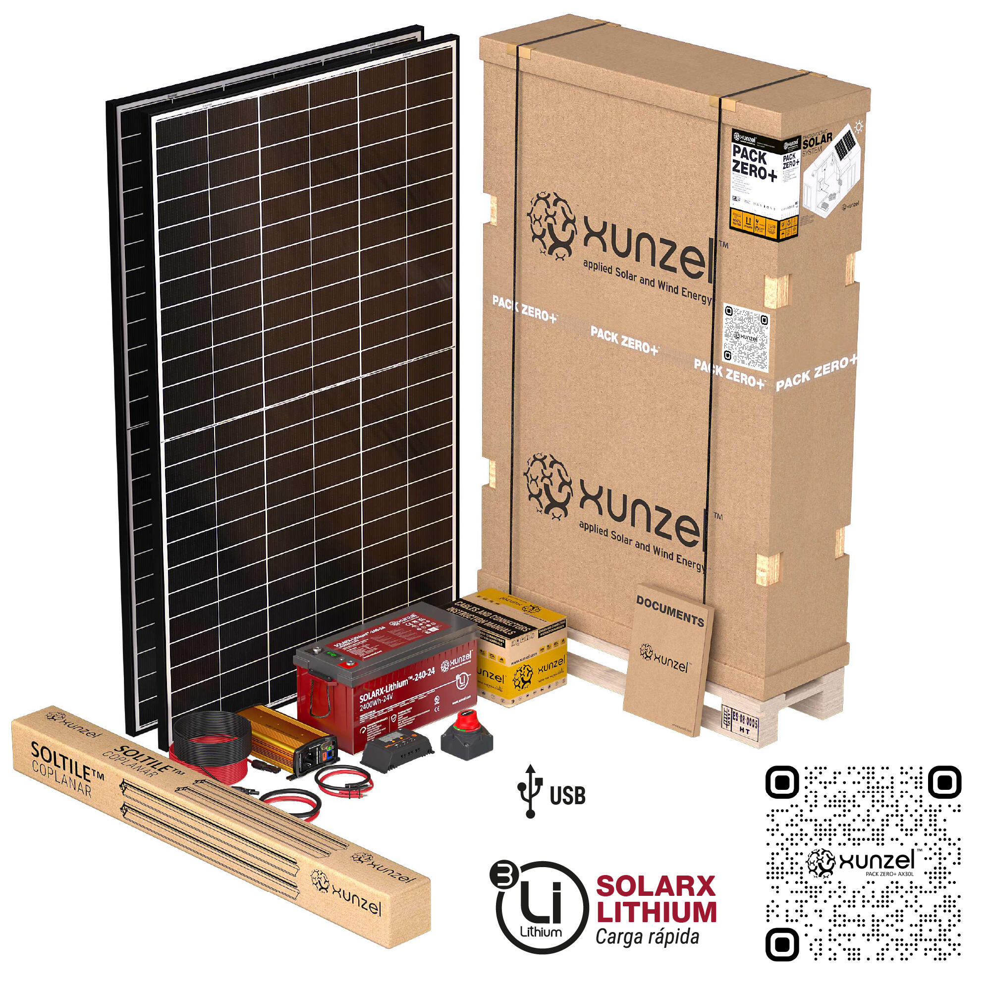 Kit Solar Litio PACK ZERO+AX30L XUNZEL 5kWh/d,bat 2400Wh,inversor 1000W ...