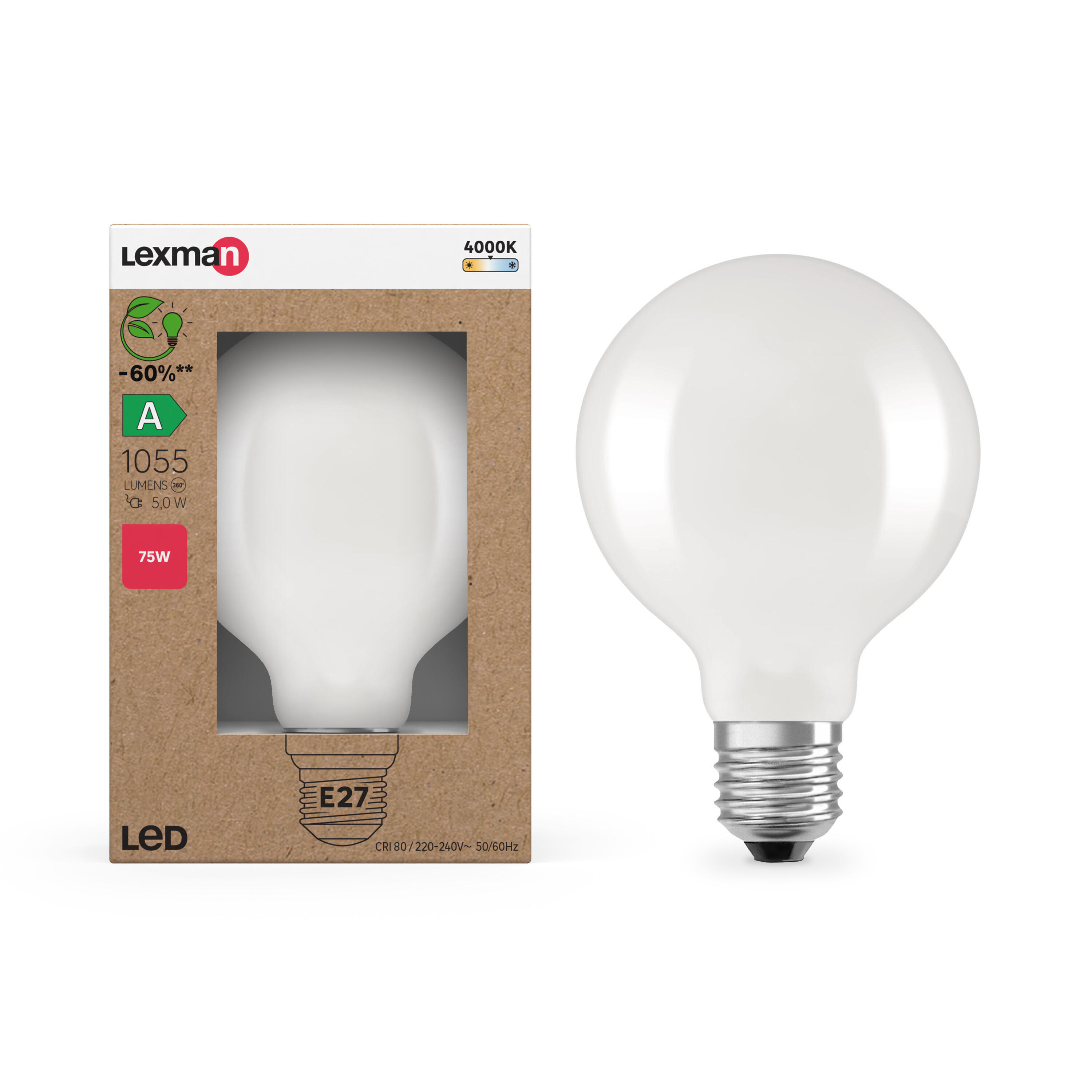 Ampoule led, globe 95mm E27, 1055lm, classe énergétique A, blanc neutre, LEXMAN | Leroy Merlin