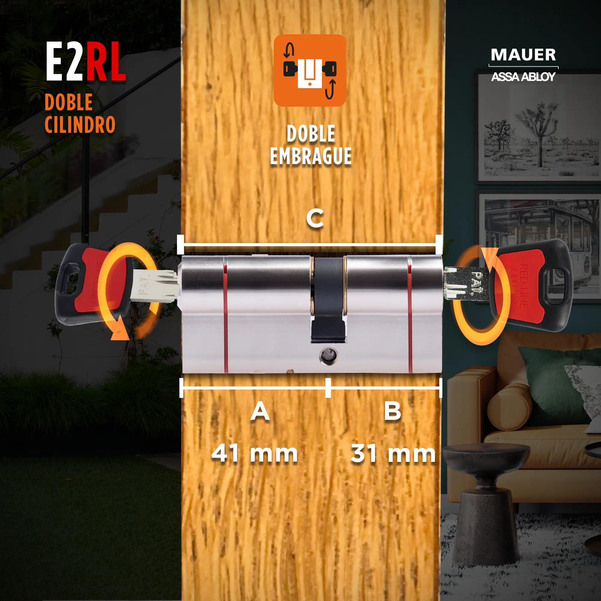 Cilindro perfil europeo, doble embrague de 31 + 41 mm MAUER ASSA ABLOY ...