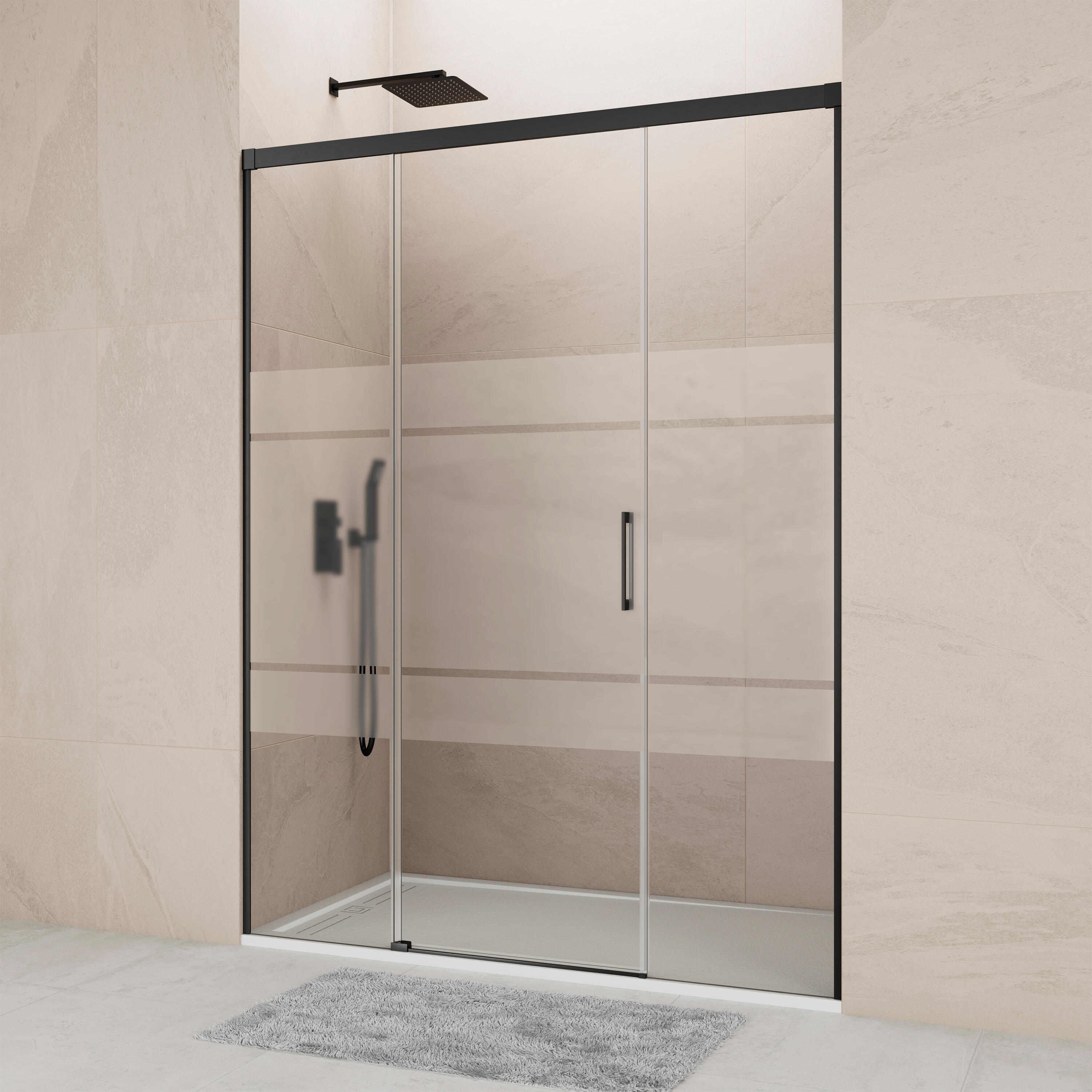 Mampara de ducha frontal 2 fijos + 1 puerta corredera serigrafiada Noa ...