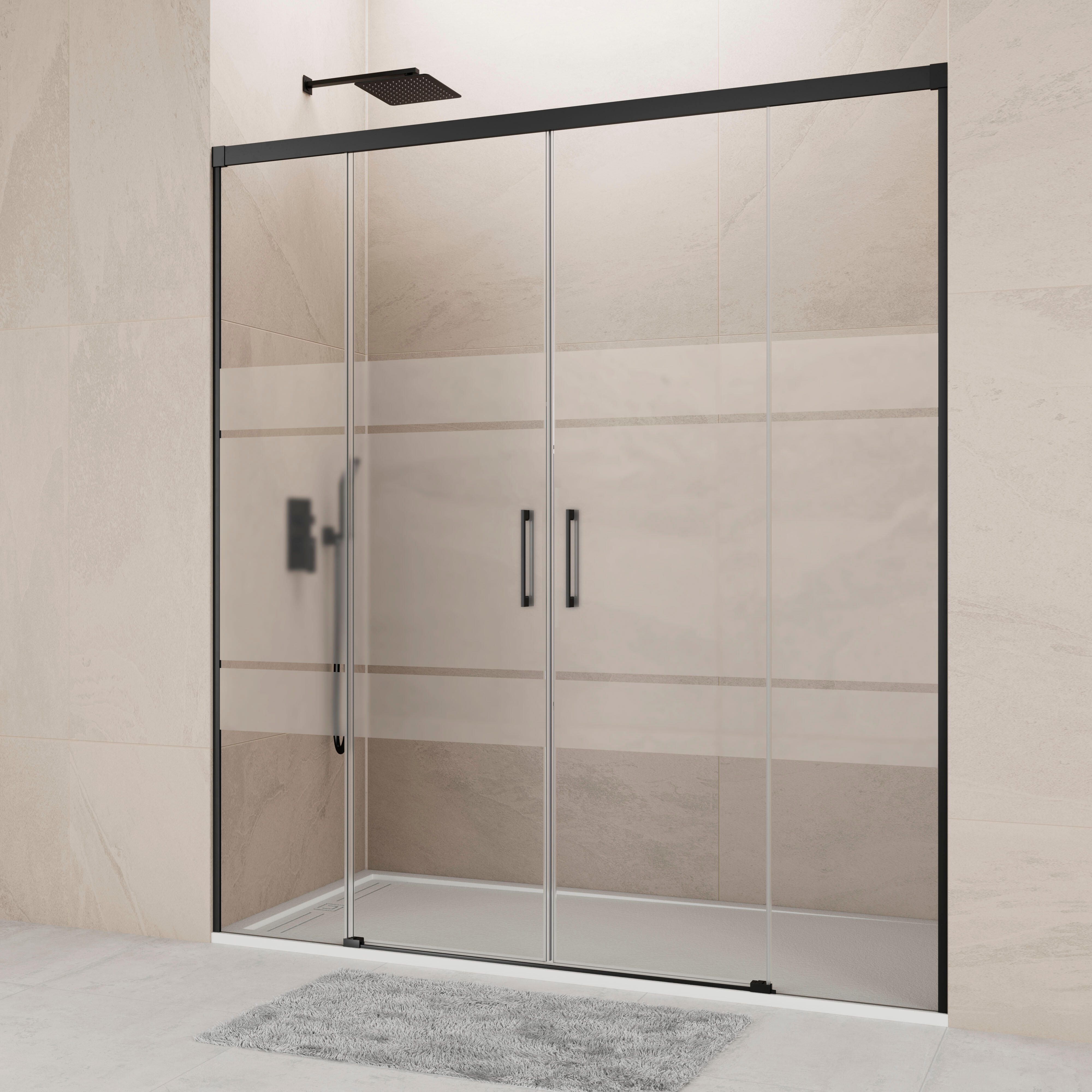 Mampara de ducha frontal 2 fijos + 2 puertas corredera serigrafiada Noa perfil aluminio negro ...