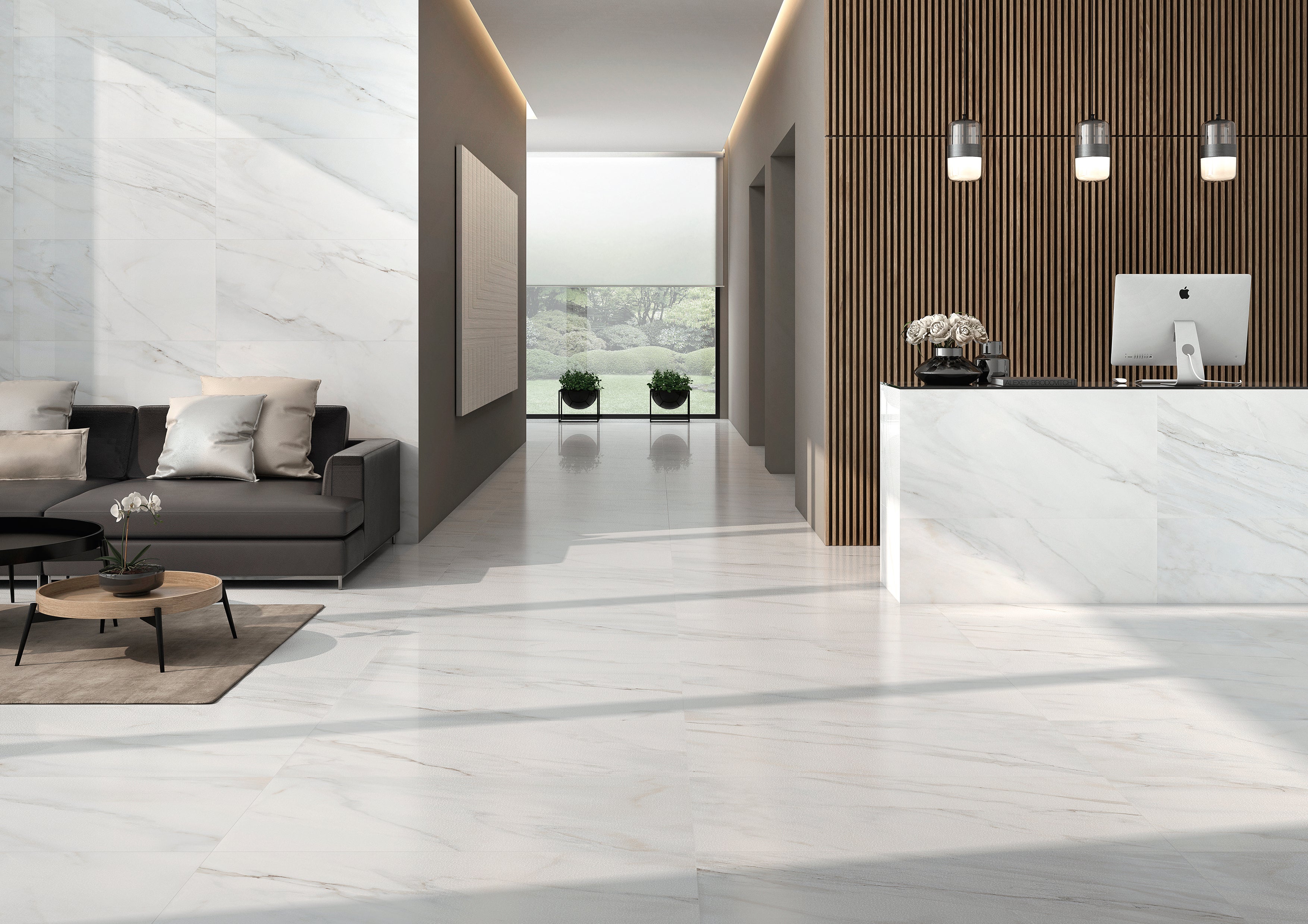 Suelo porcelánico Calacatta efecto mármol blanco 120x120 cm ROCA TILES ...