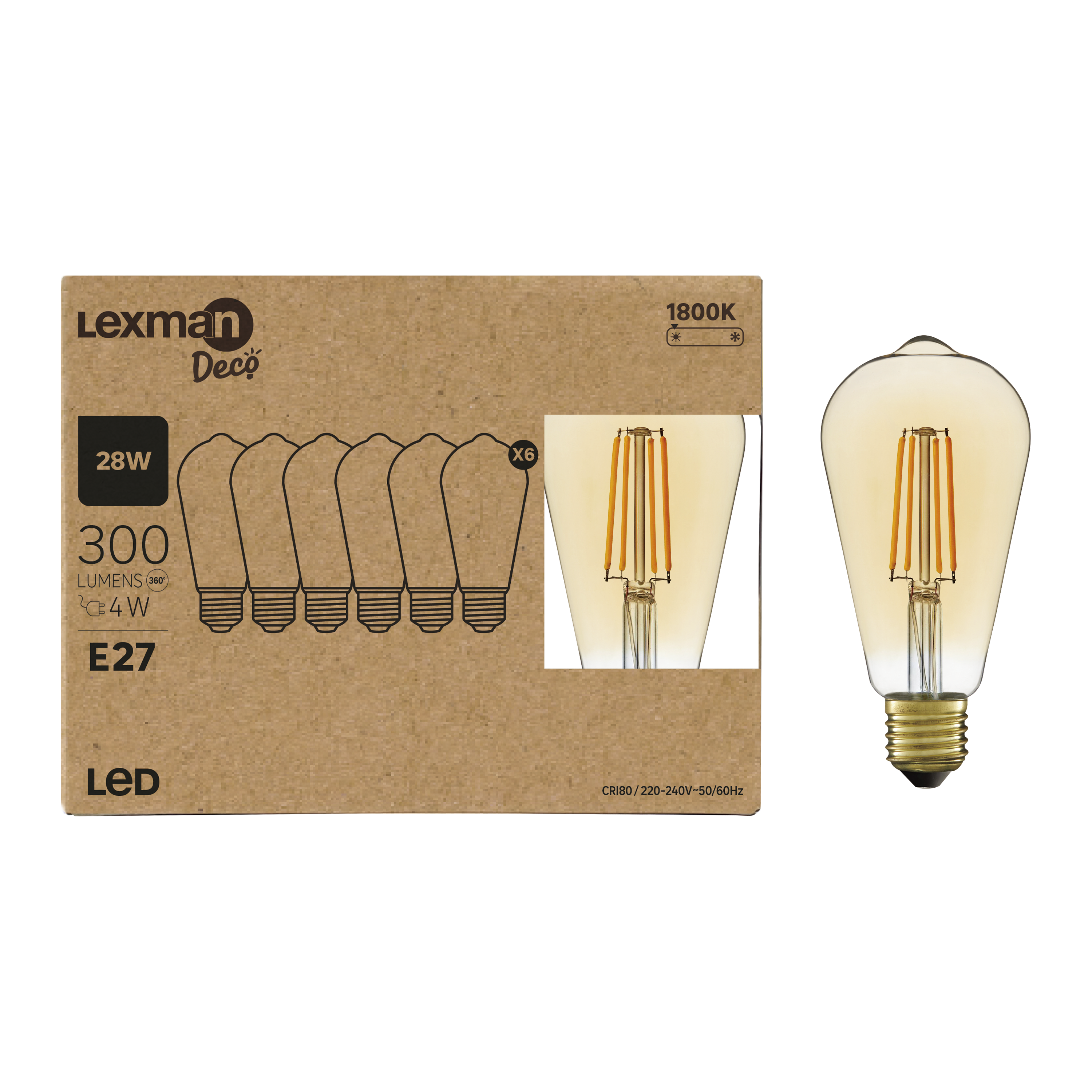 Set da 6 lampadine LED filamento, E27 edison, ambrato, bianco caldo, 4W ...