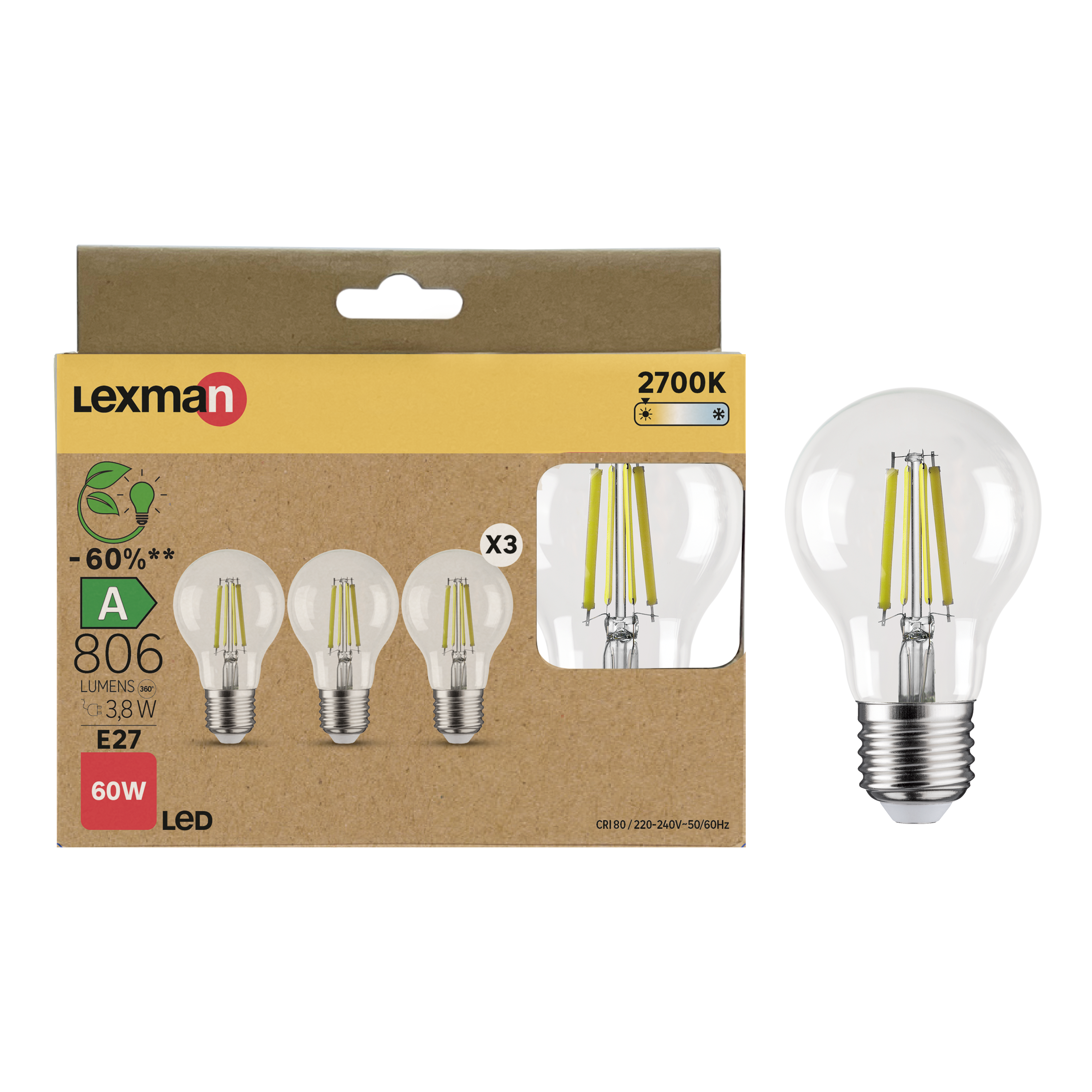 3 ampoules led E27, 806lm, classe énergétique A, blanc chaud, LEXMAN | Leroy Merlin