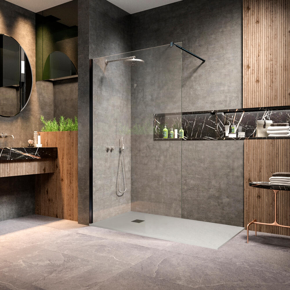 Plato de ducha blanco 160 cm y panel de ducha perfil negro de 100 cm ...