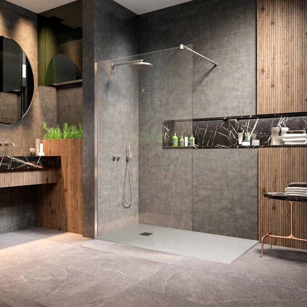 Plato de ducha blanco 140 cm y panel de ducha perfil cromo de 100 cm ...