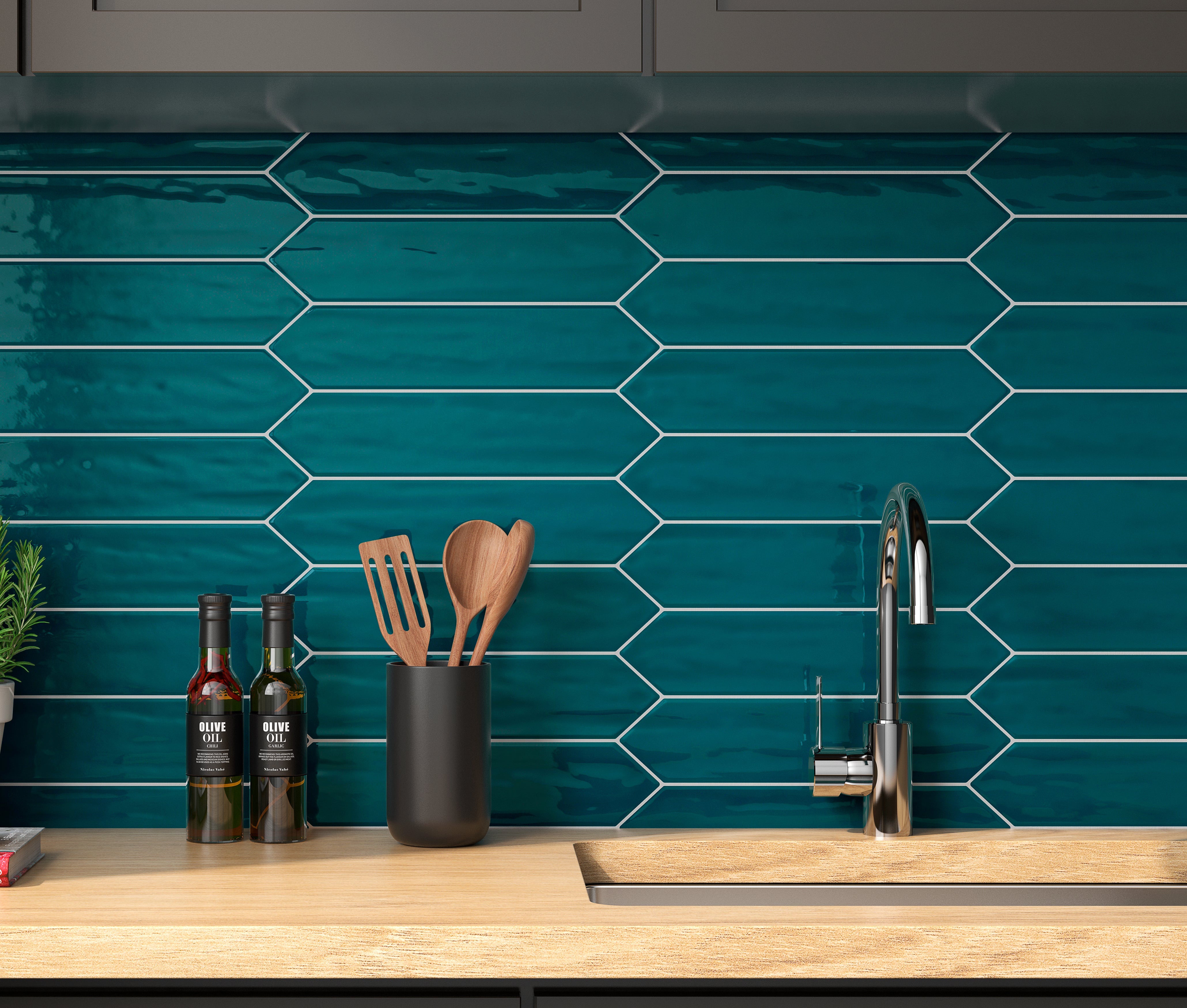 Azulejo cerámico Flowpicket efecto zellige verde turquesa 7.7x30.5cm ...