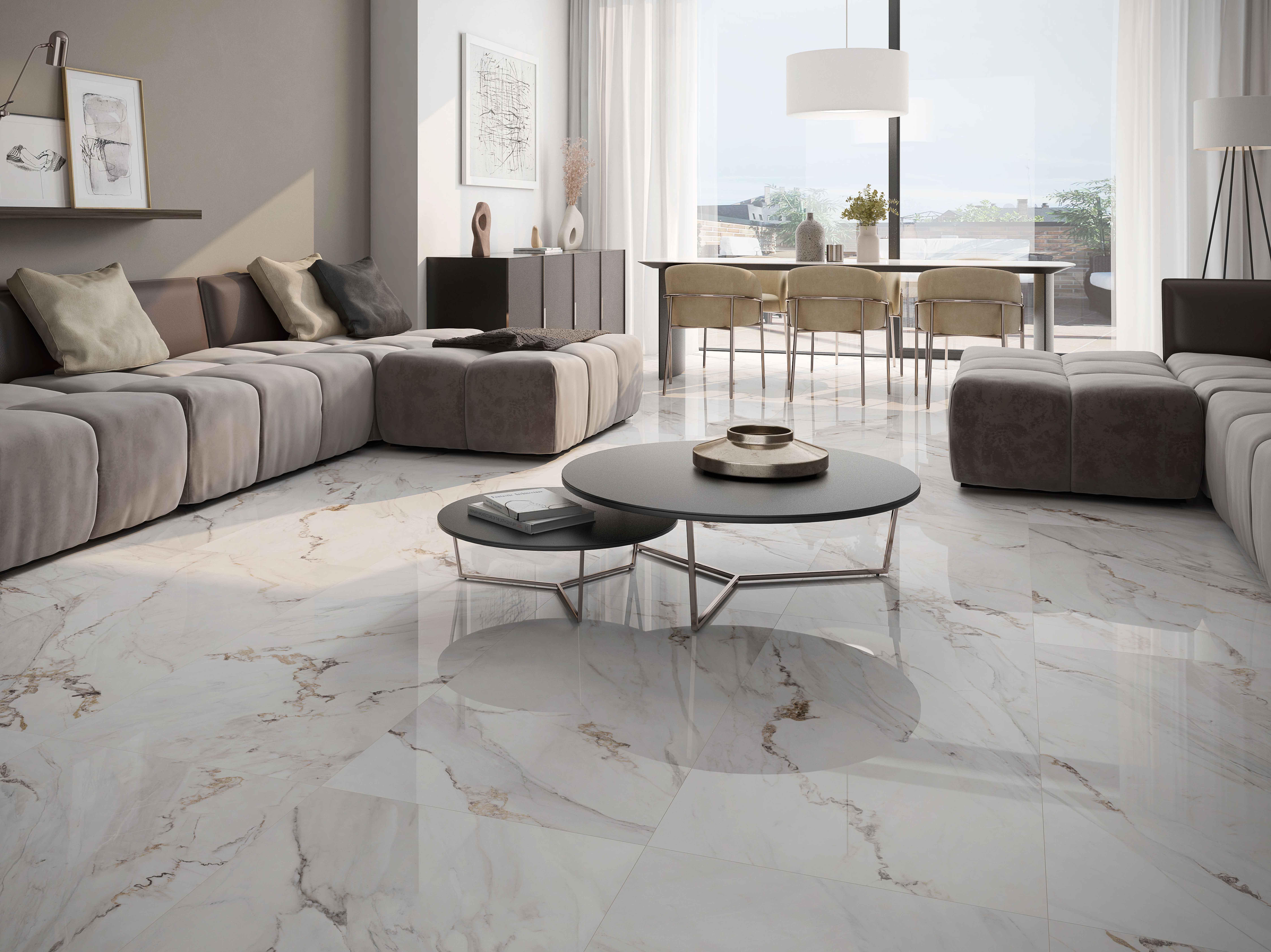 Suelo/Azulejo porcelánico Marble Apuano efecto mármol ocre y gris claro ...