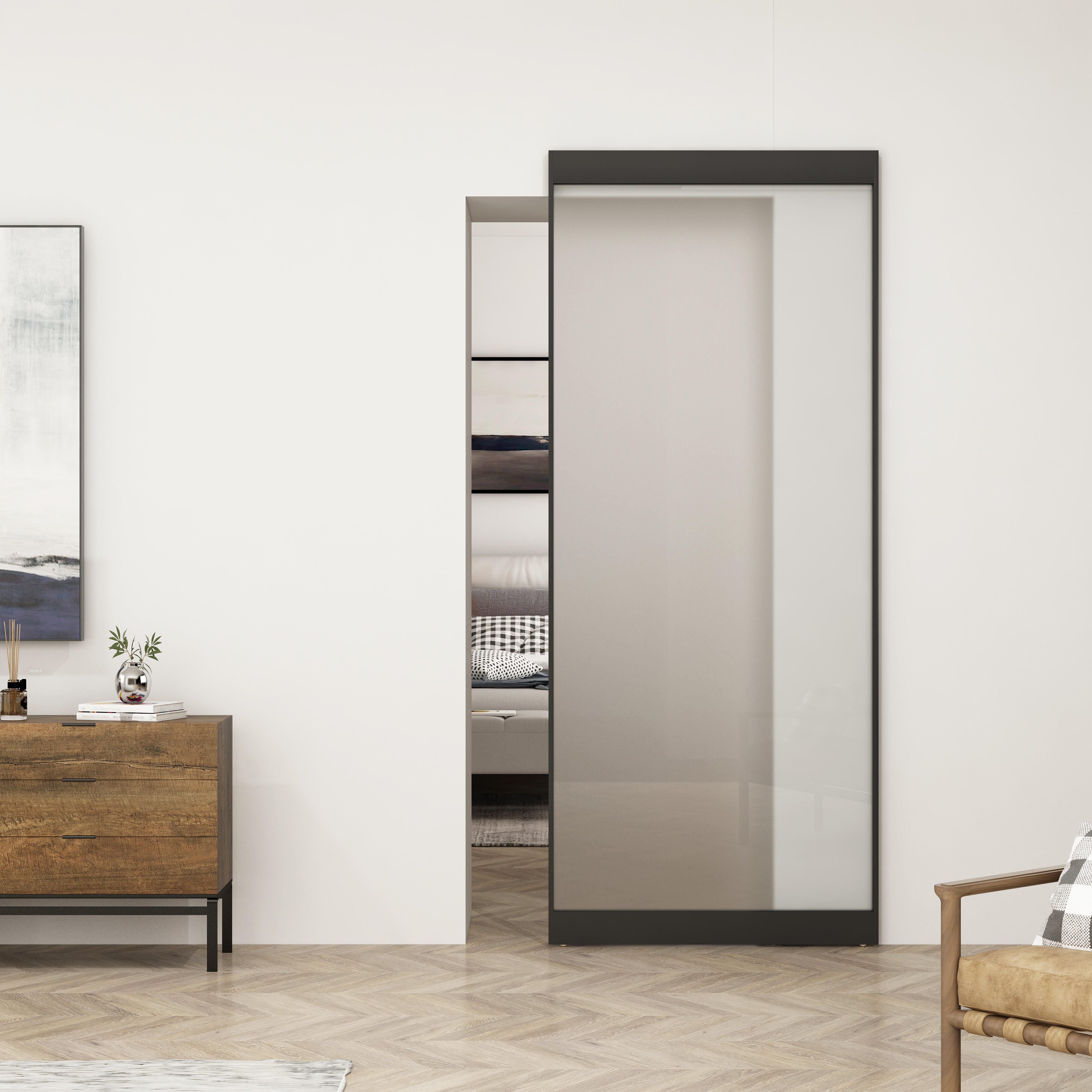 Porta scorrevole Ghost in cristallo nero, L 96 x H 215 cm, con binario ...