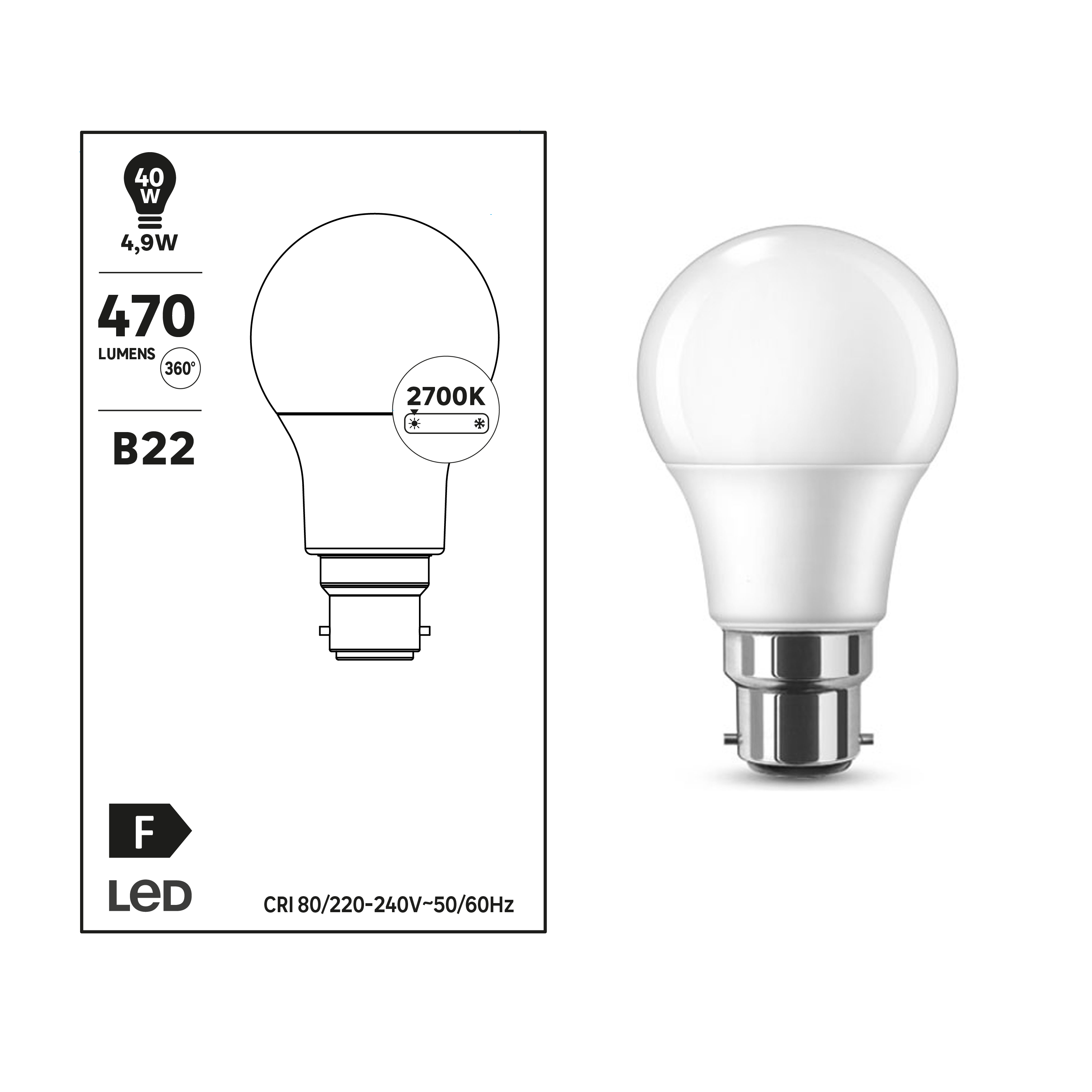 Ampoule led, B22, 470lm = 40W, blanc chaud | Leroy Merlin