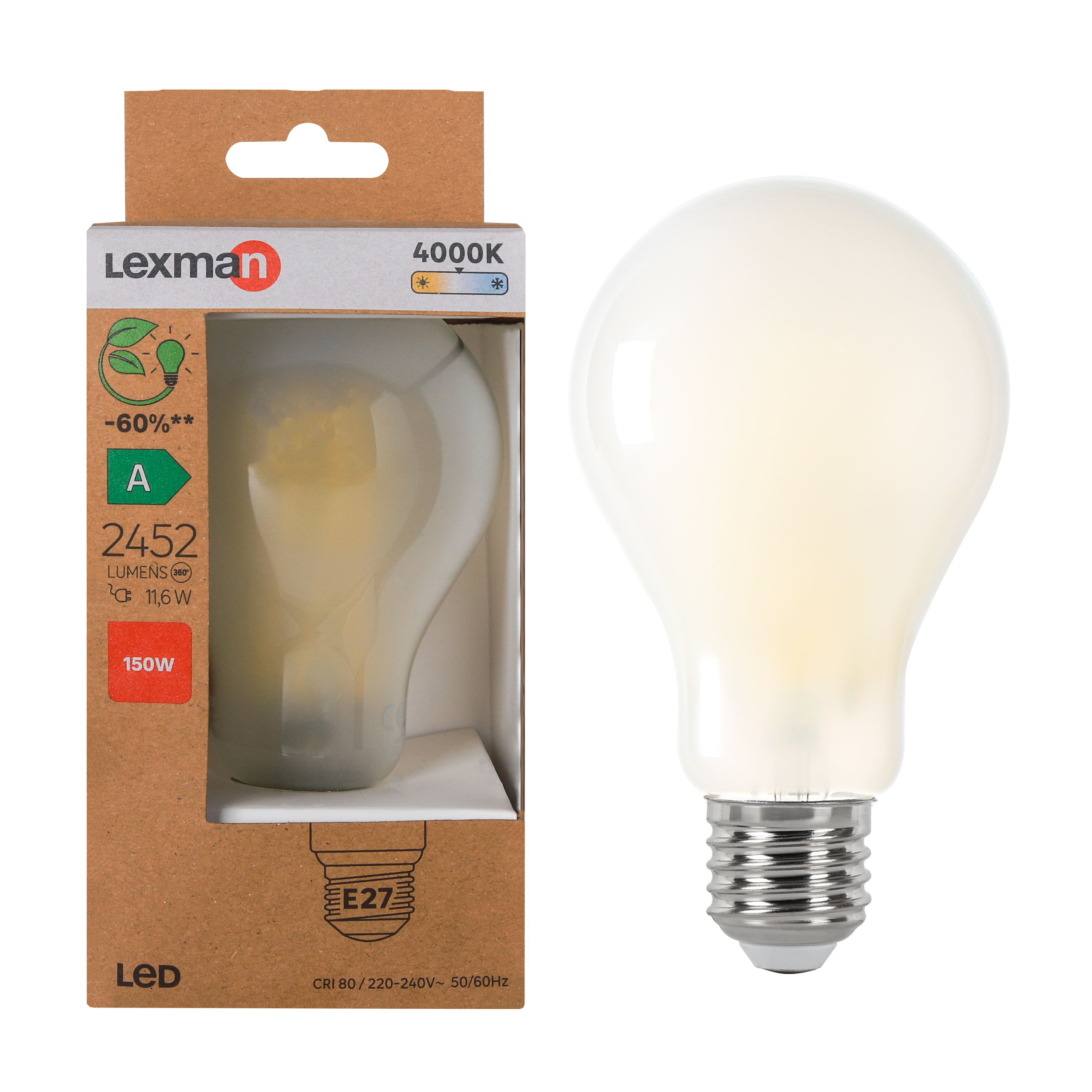 Lampadina LED filamento, E27 goccia, smerigliato, 11.6W= classe energetica A, LEXMAN | Leroy Merlin