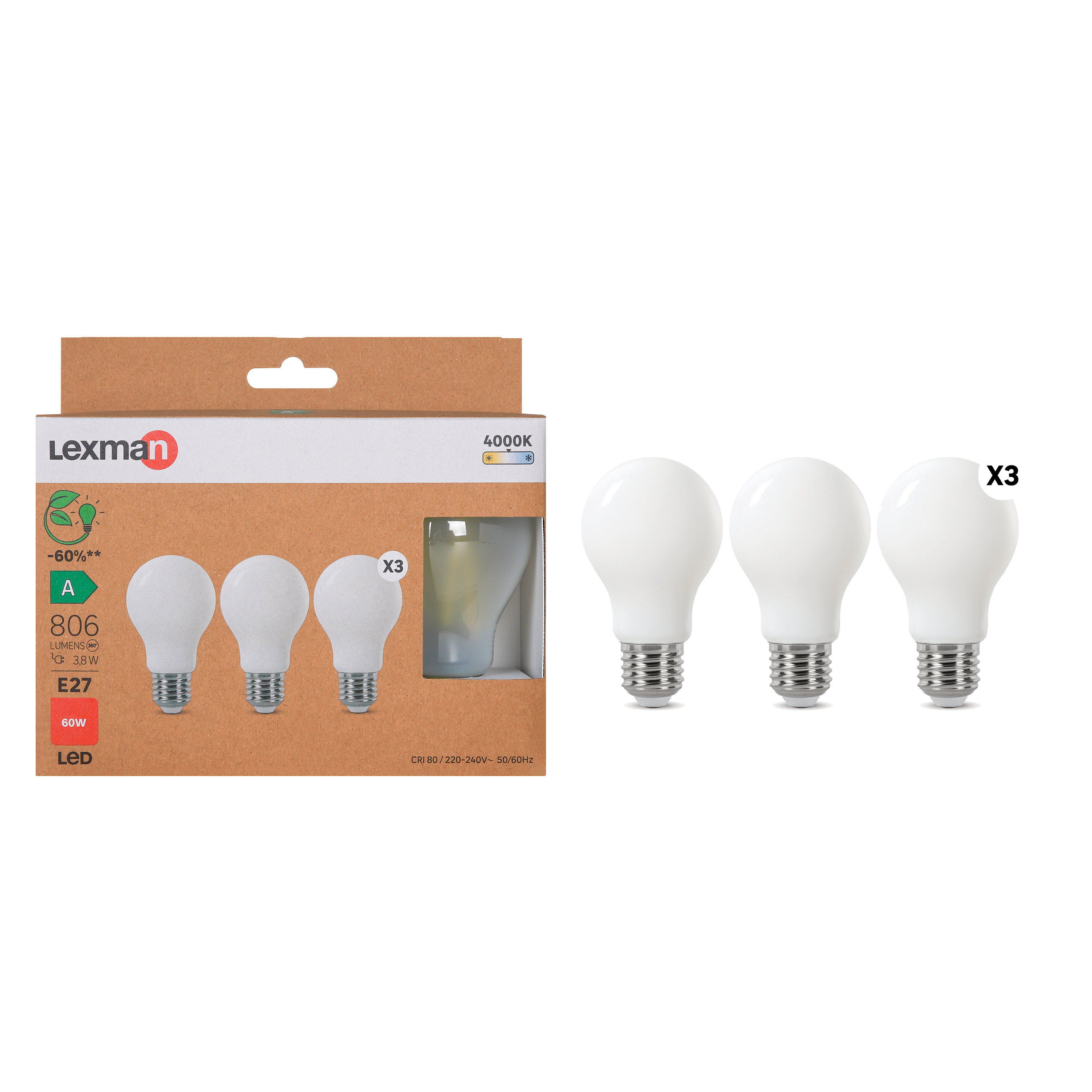 Lot de 3 ampoules led, E27, 806lm, classe énergétique A, blanc neutre, LEXMAN | Leroy Merlin