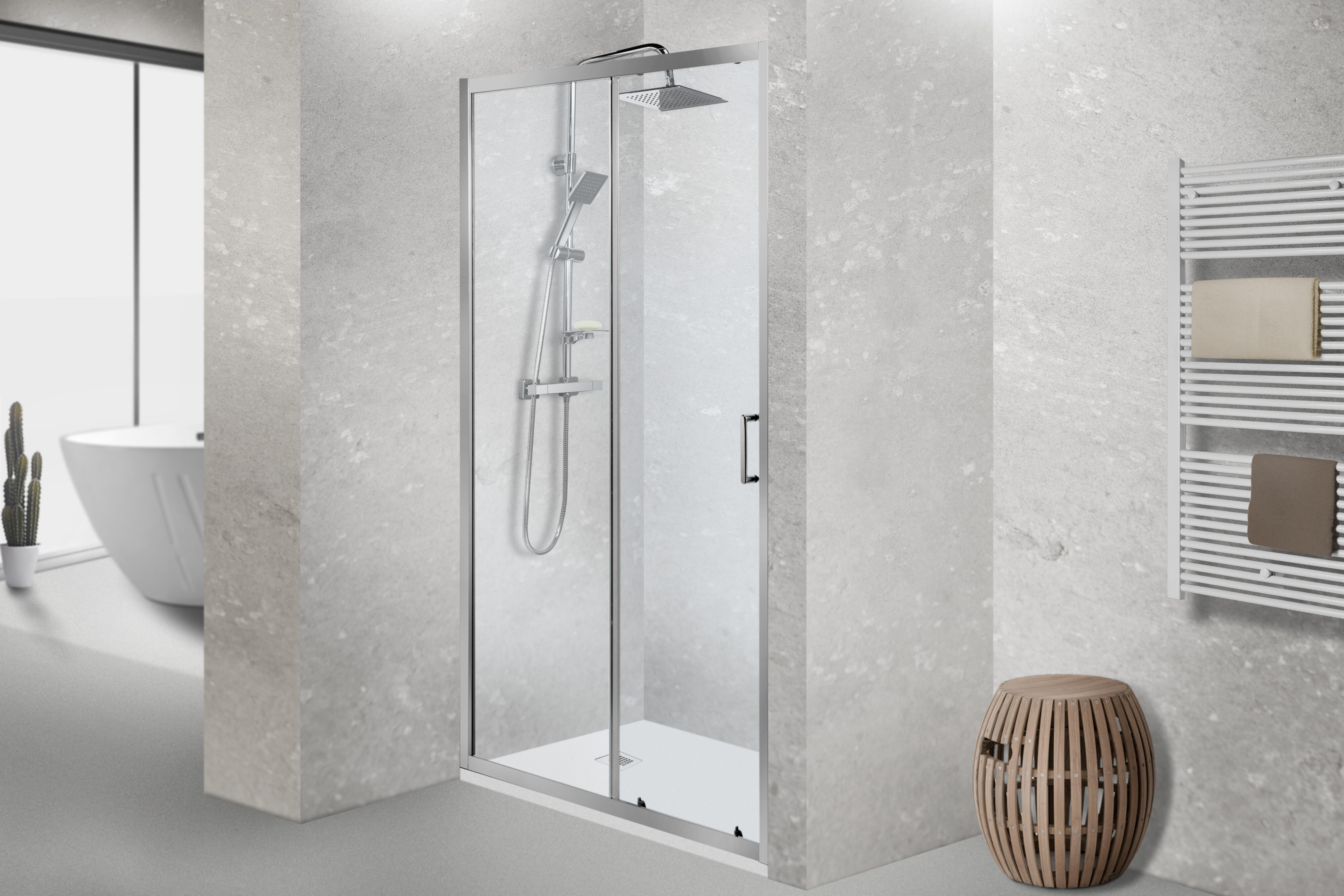 Mampara de ducha frontal 1 fijo + 1 puerta corredera transparente Zesk ...