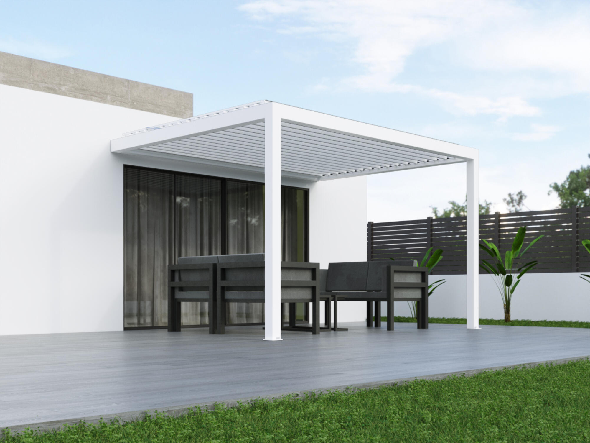 Pérgola de aluminio Genova adosada motorizada blanca de 4 x 3 m | Leroy ...