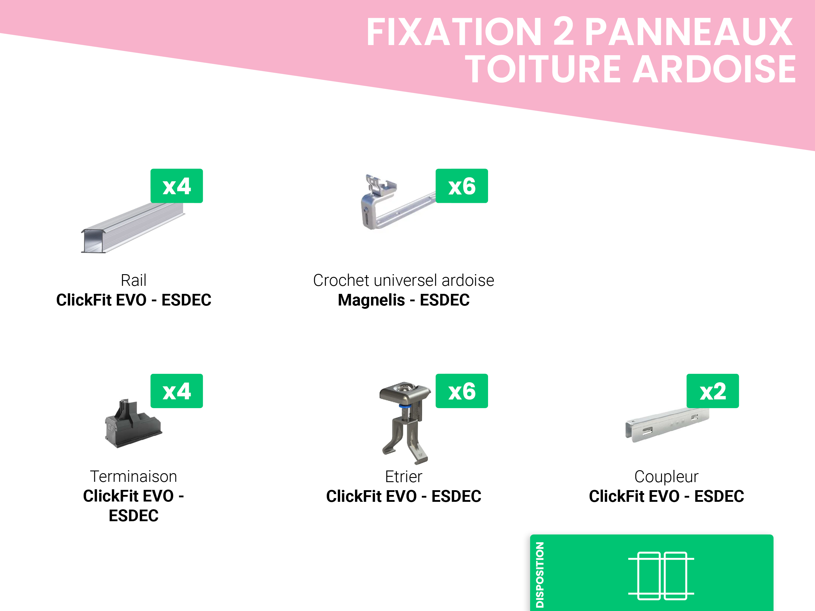 Kit de fixation panneau solaire toit ardoise, pour 2 pnx, pose portrait ... Kit de fixation panneau solaire toit ardoise, pour 2 pnx, pose portrait ...
